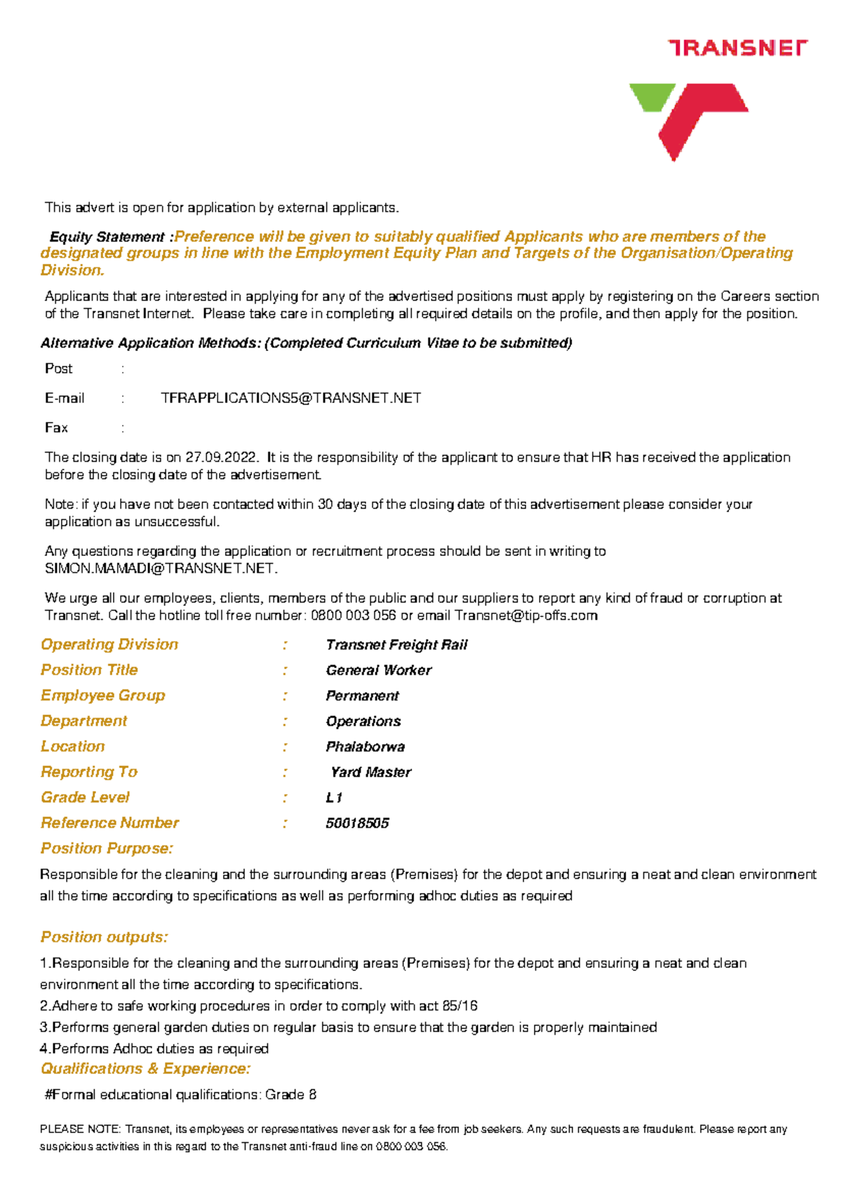 Data Overview - General Worker - This advert is open for application by ...