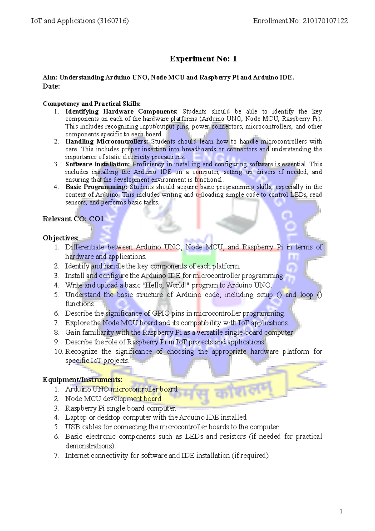 1 10 3160716 Iot And Applications Lab Manual Experiment No 1 Aim Understanding Arduino Uno