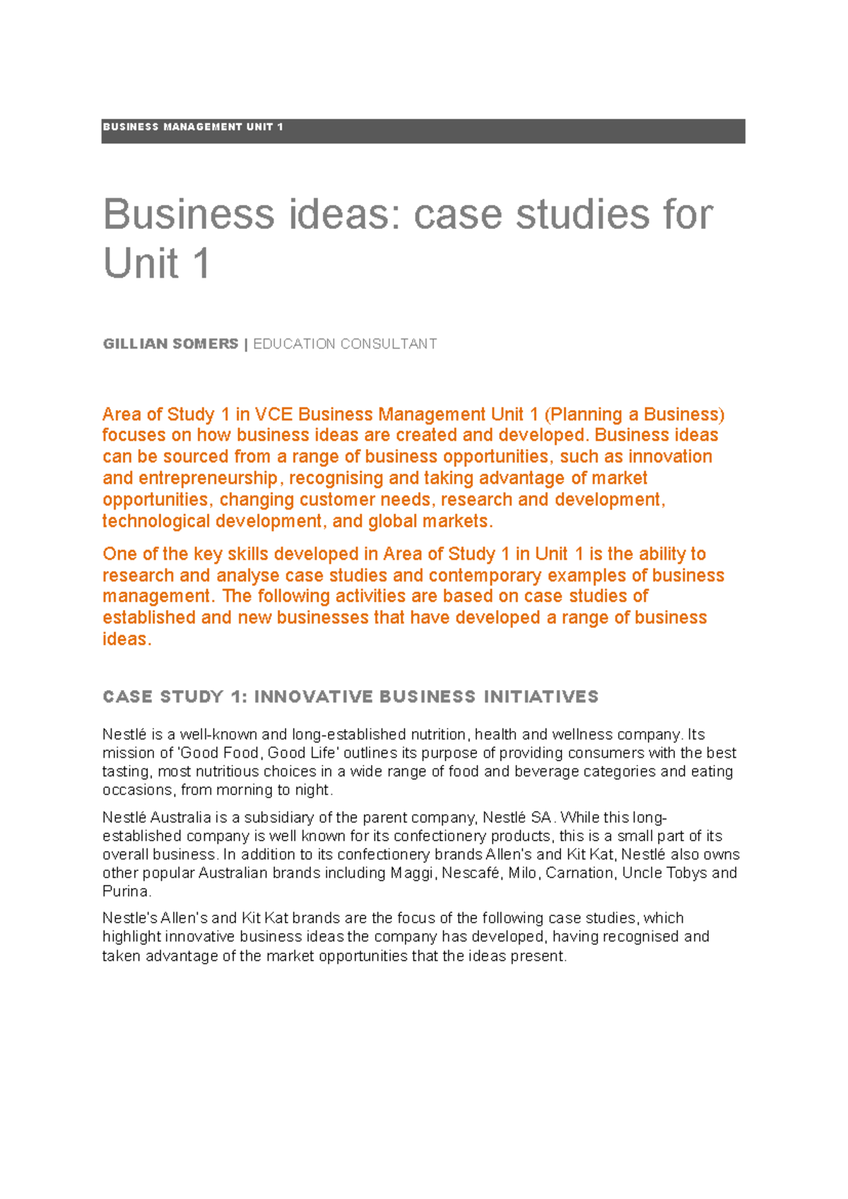 Business Idea case studies - ####### BUSINESS MANAGEMENT UNIT 1 ...