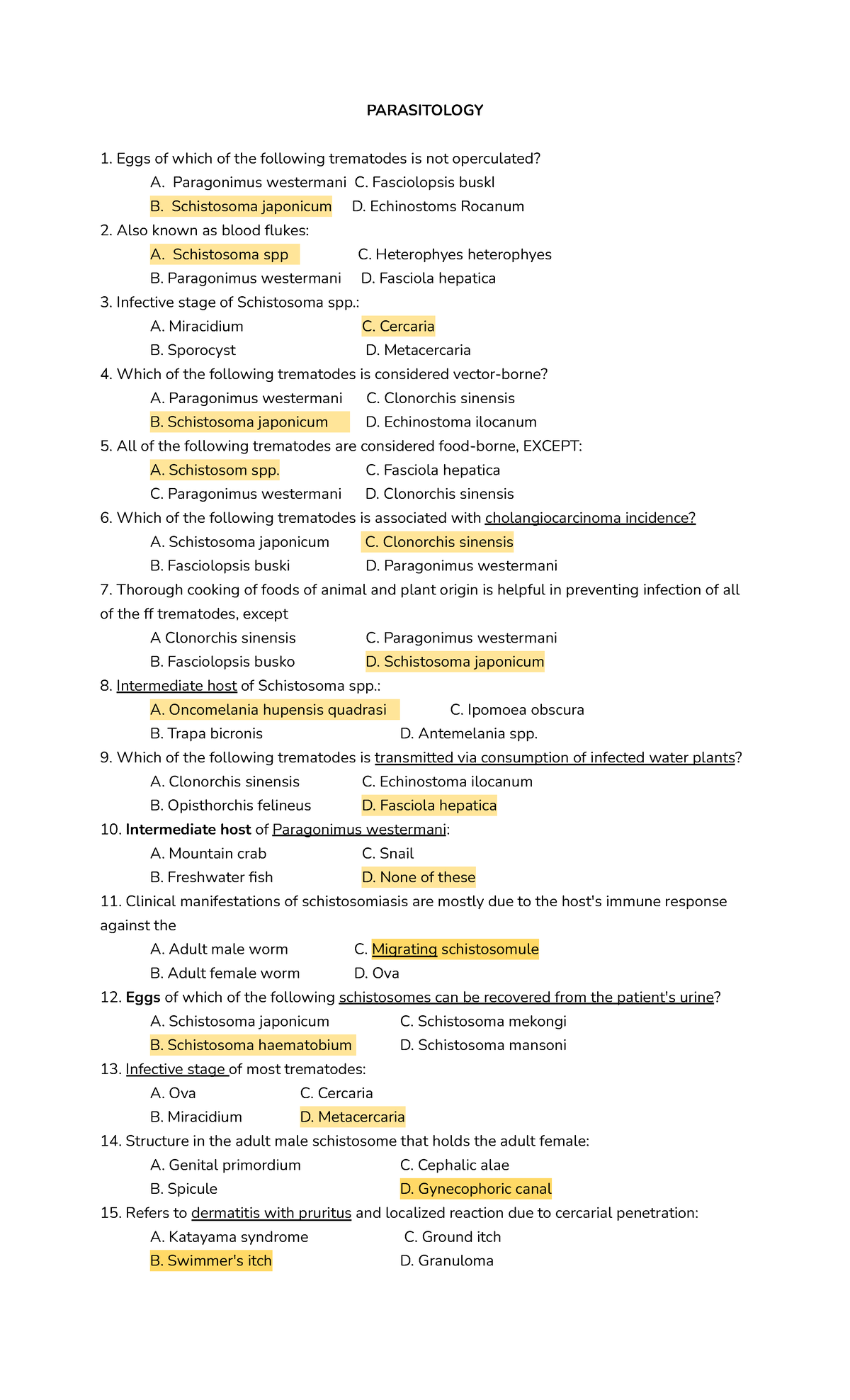 Parasitology - PARASITOLOGY Eggs of which of the following trematodes ...