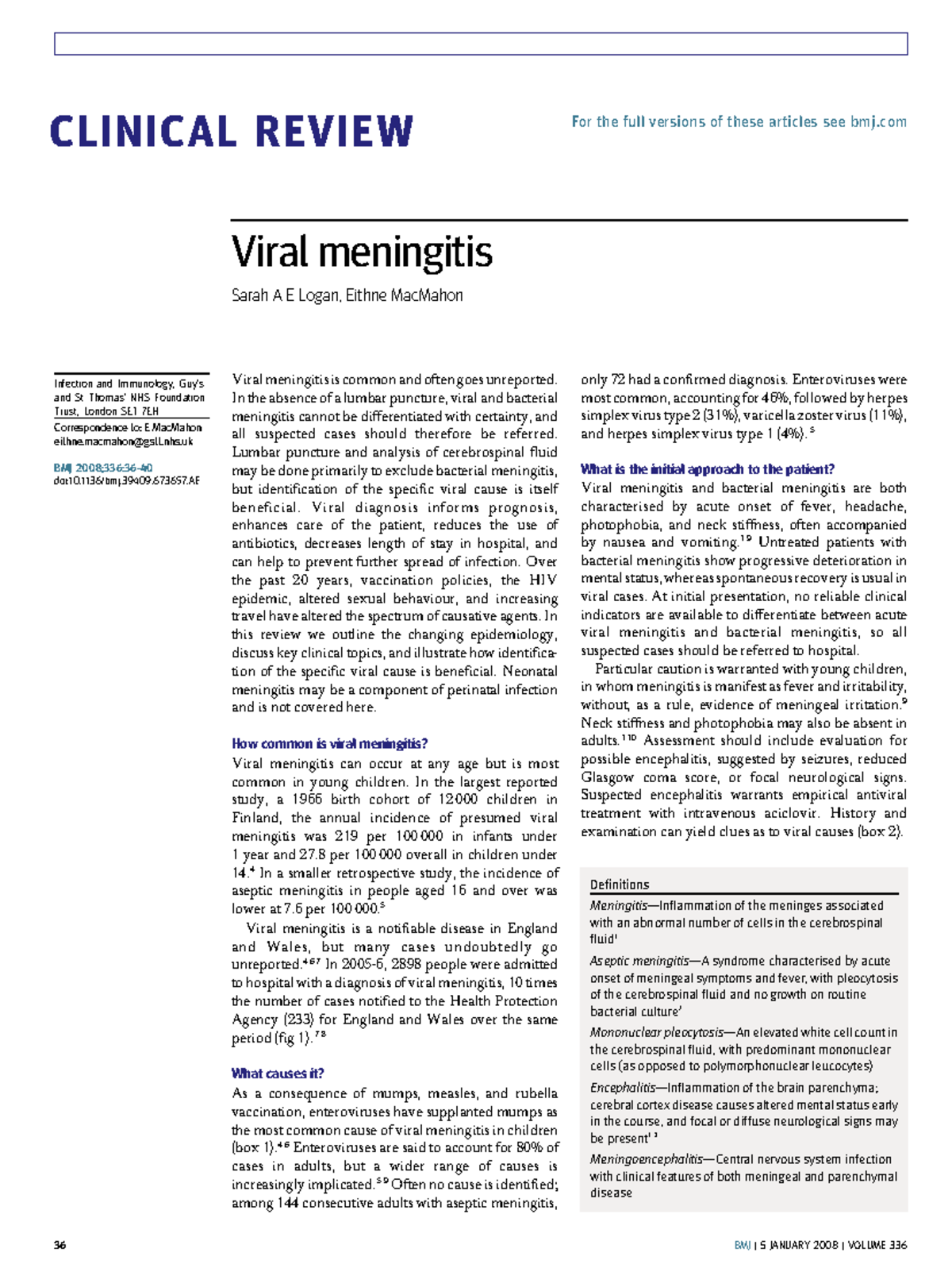 Menigitisviral 3 - Meningitis - CLINICAL REVIEW Viral meningitis Sarah ...