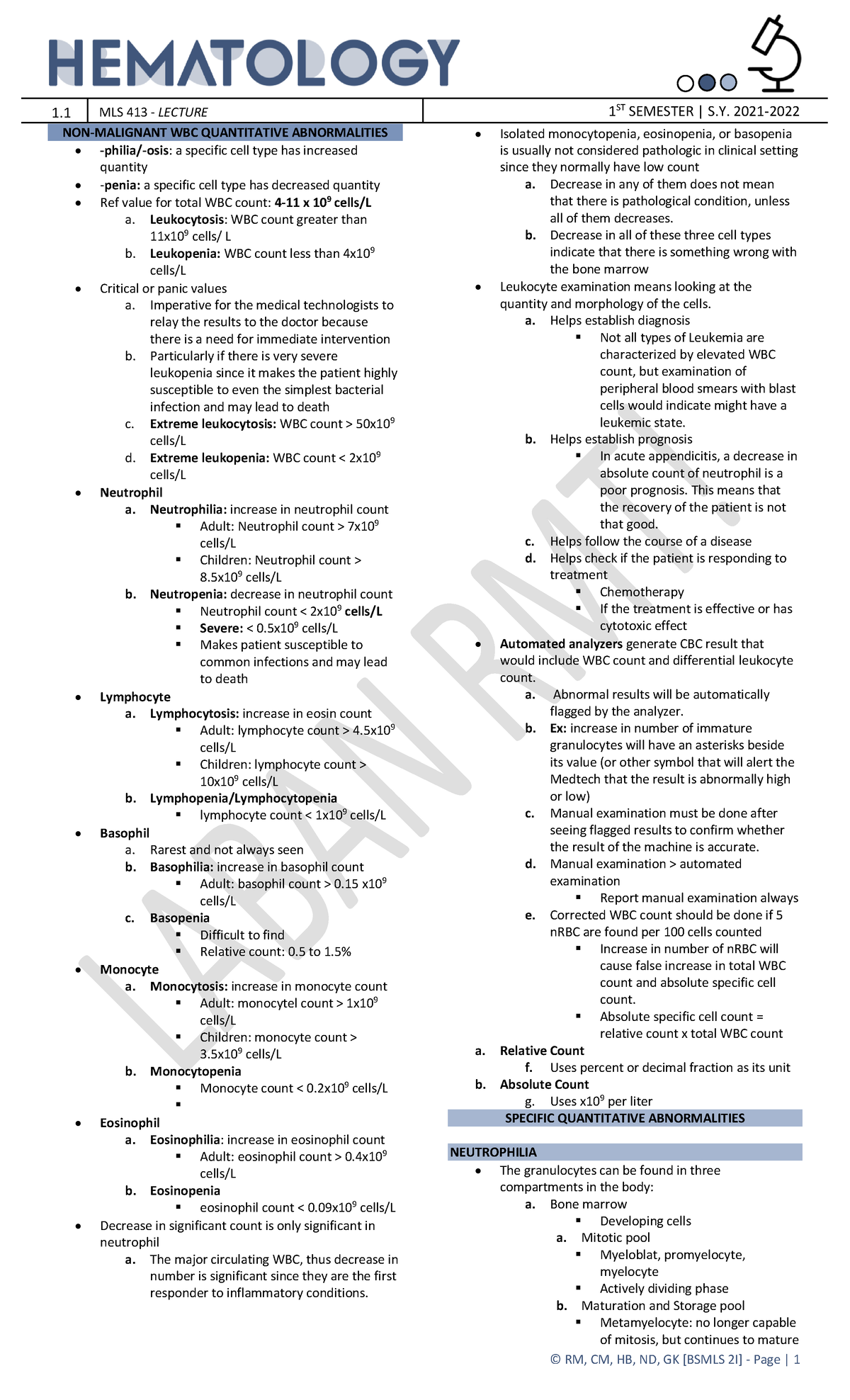 WBC Quantitative Disorder - © RM, CM, HB, ND, GK [BSMLS 2I] - Page | 1 ...