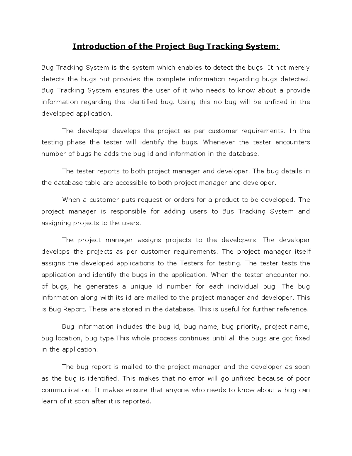 BUG Tracking System Project Report That I Have Made Introduction Of
