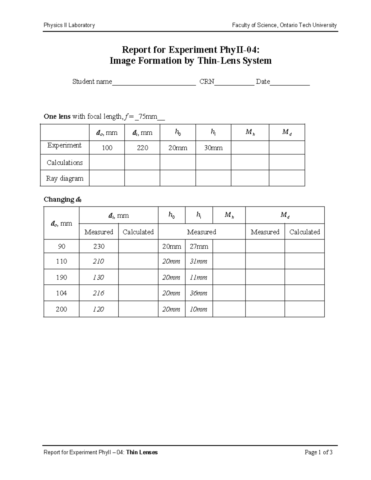 Report Lenses - Physics II Laboratory Faculty of Science, Ontario Tech ...