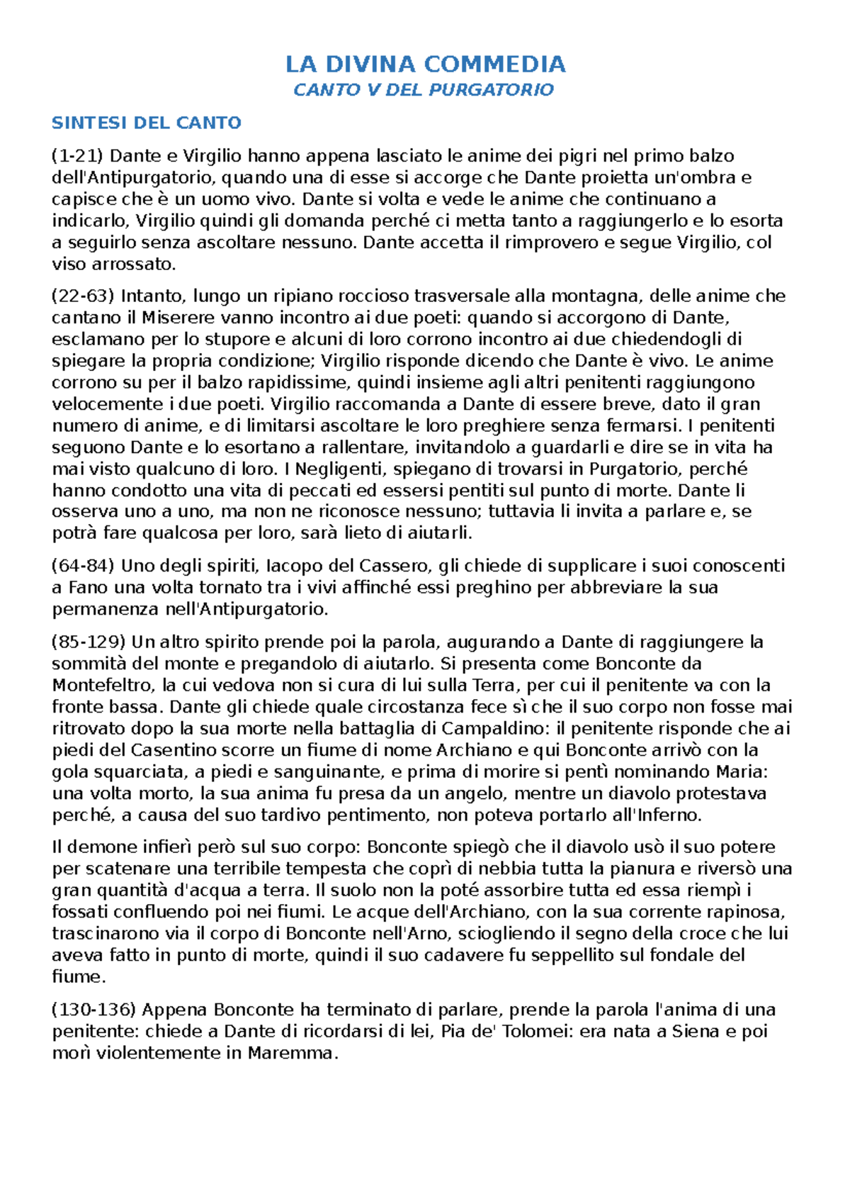 Scritte canto V - LA DIVINA COMMEDIA CANTO V DEL PURGATORIO SINTESI DEL ...