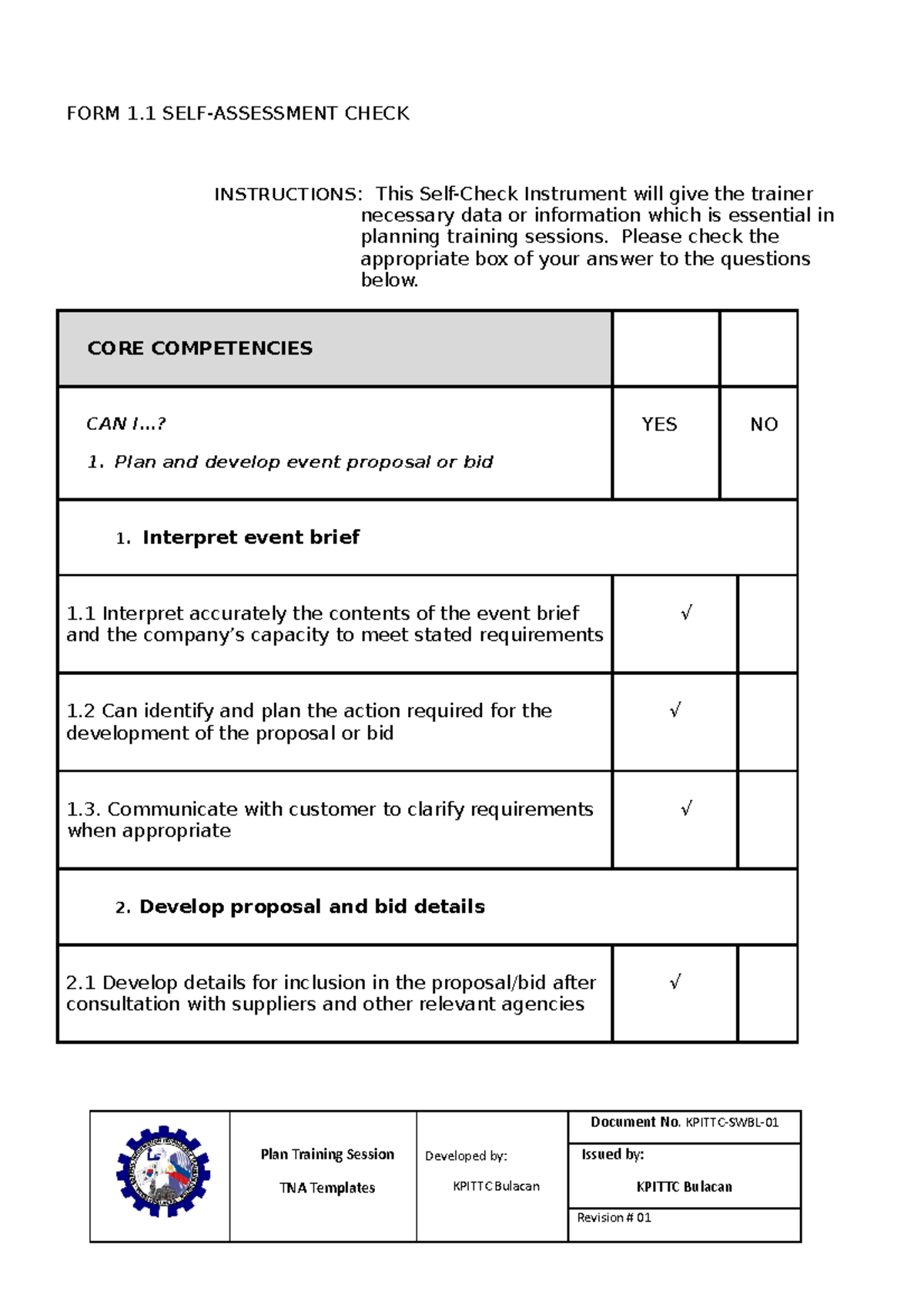 Iveta-TNA- Forms - FORM 1 SELF-ASSESSMENT CHECK INSTRUCTIONS: This Self ...