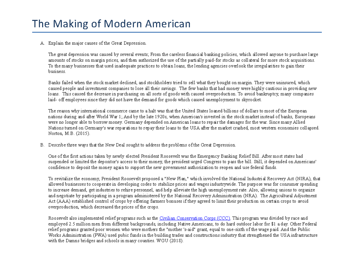 The Making of Modern America - A. Explain the major causes of the Great ...