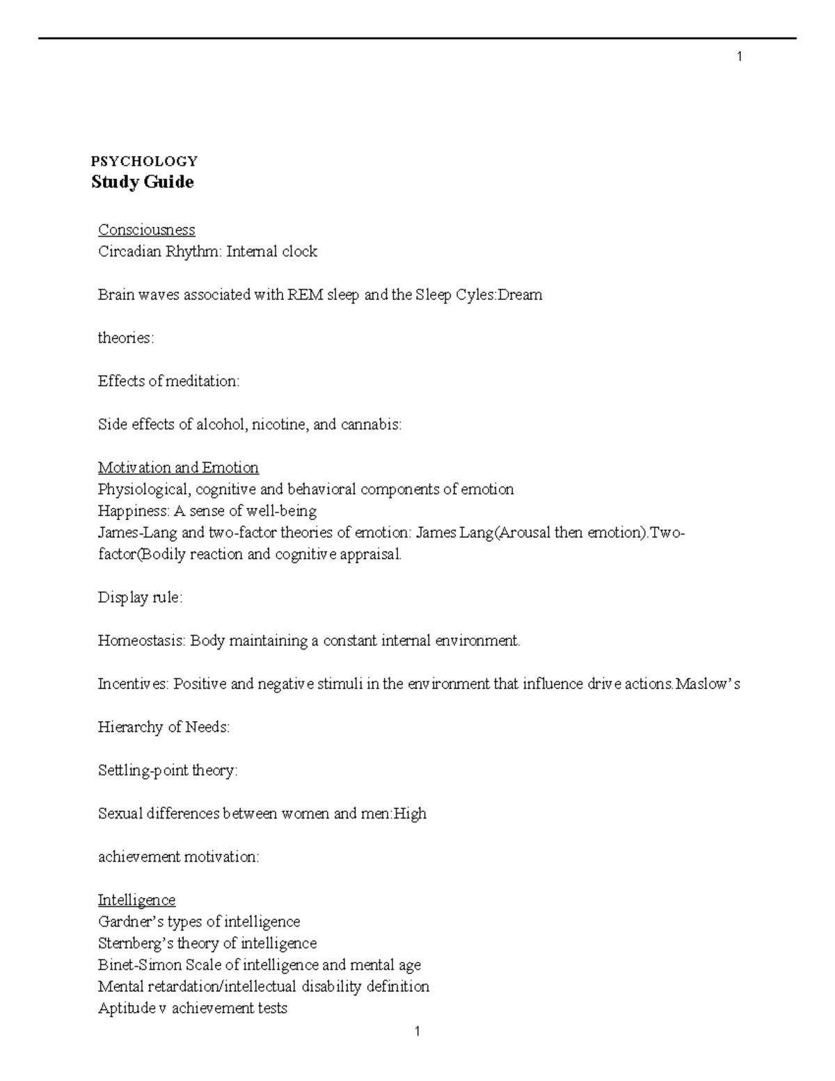 Psychology Final Study Guide - PSYCHOLOGY Study Guide Consciousness ...