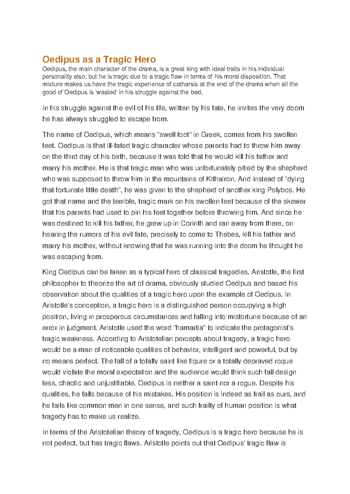 Oedipus tragic hero - Oedipus as a Tragic Hero Oedipus, the main ...