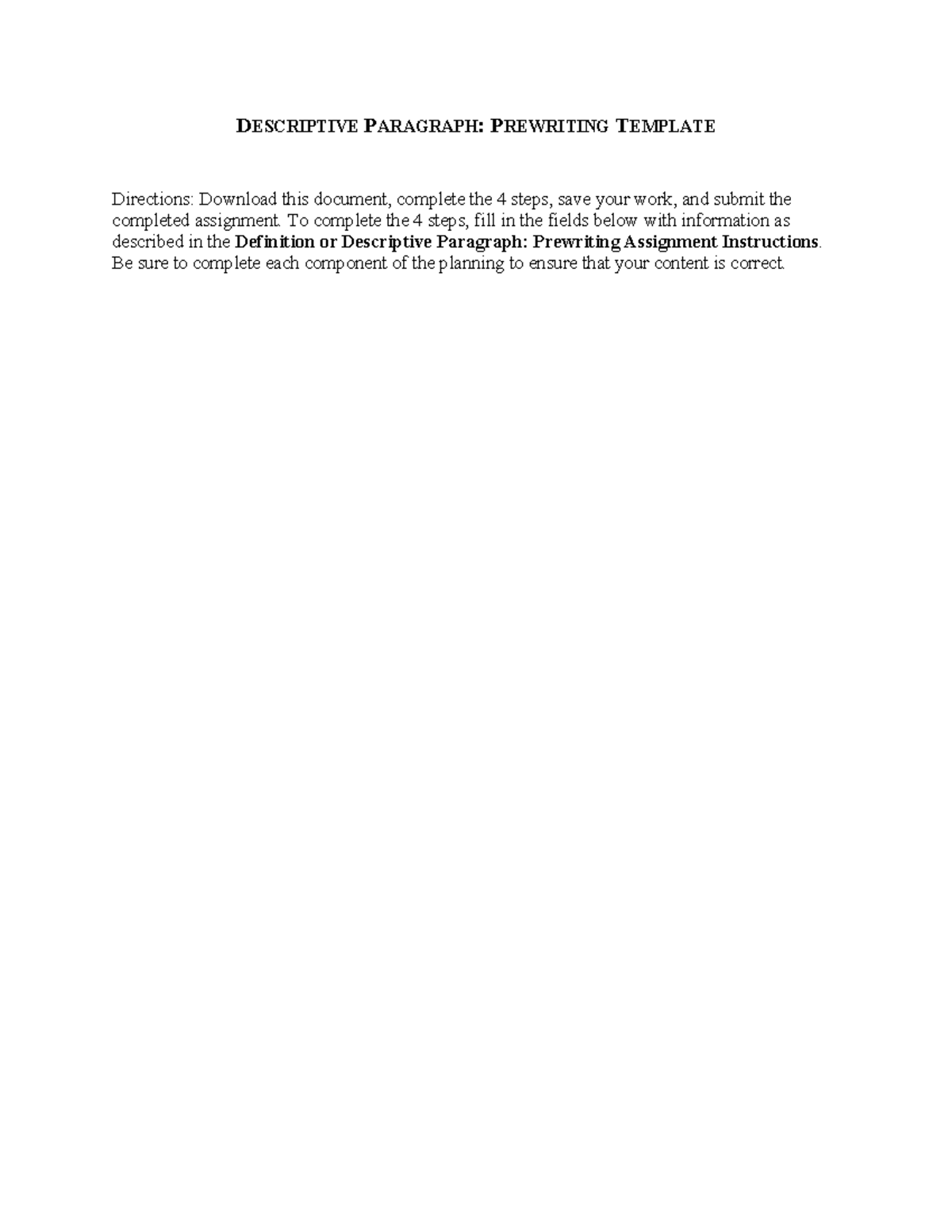Descriptive Paragraph - DESCRIPTIVE PARAGRAPH: PREWRITING TEMPLATE ...