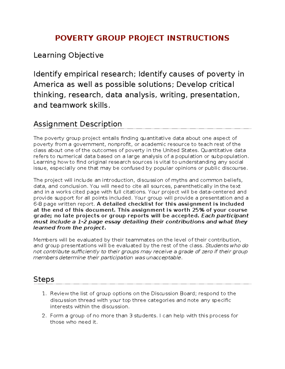 Poverty group project assignment instructions - POVERTY GROUP PROJECT ...