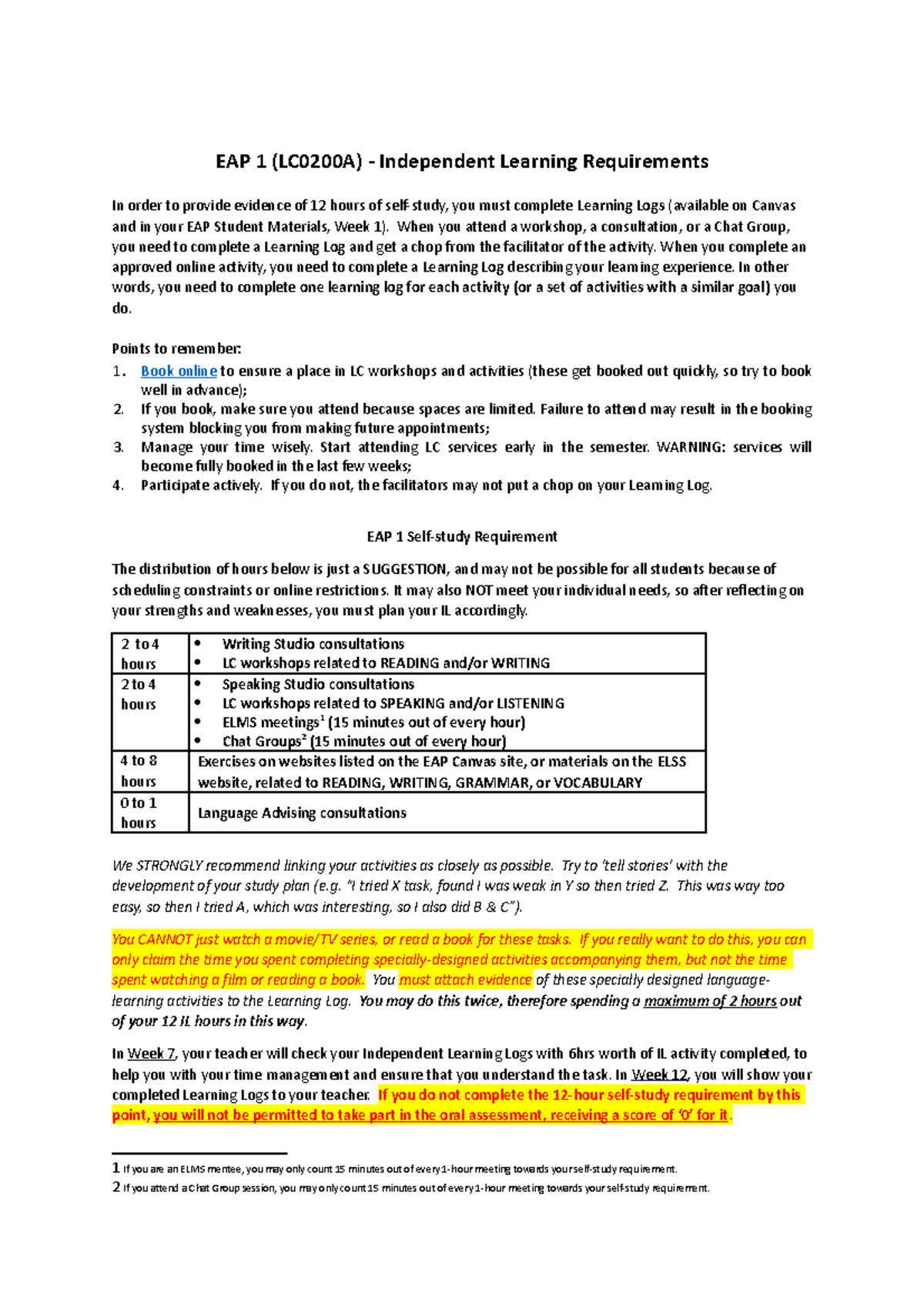 IL Requirements - independent learning - EAP 1 (LC0200A) - Independent ...