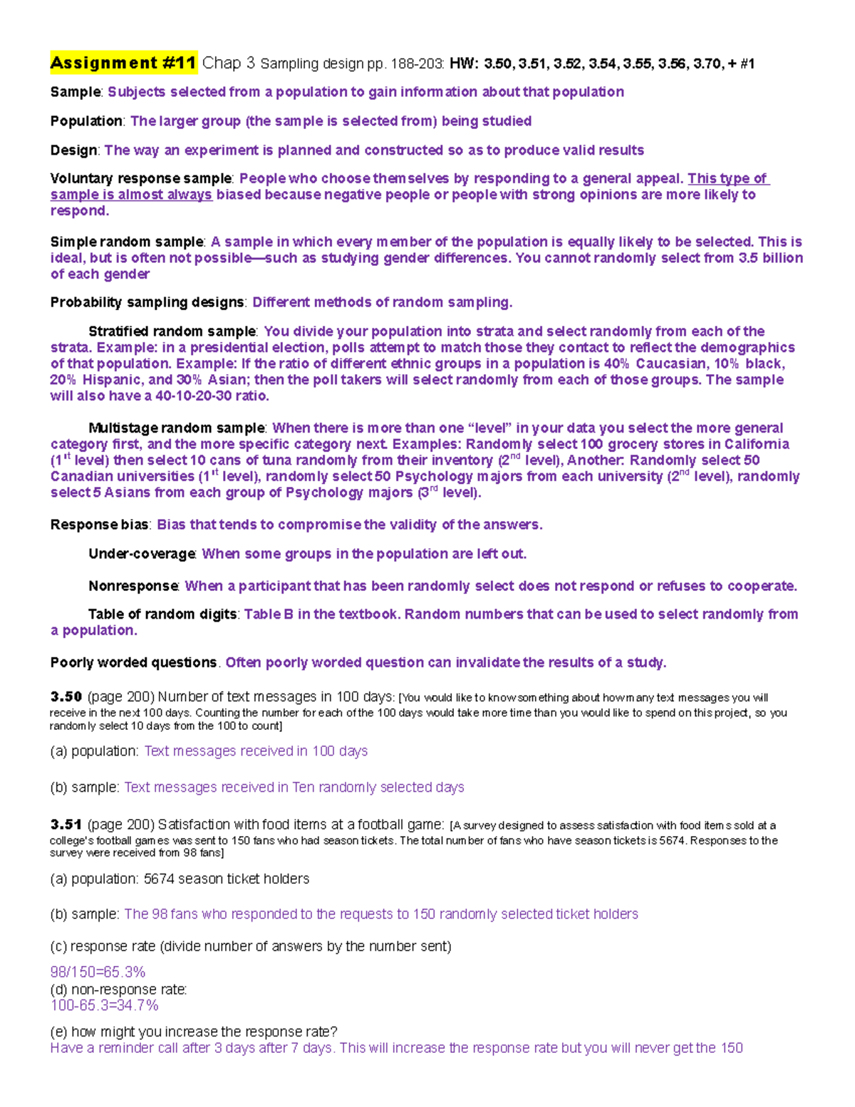 Ua Stat Assignment 11 Homework With Notes On The Chapter Assignment 11 Chap 3 Sampling