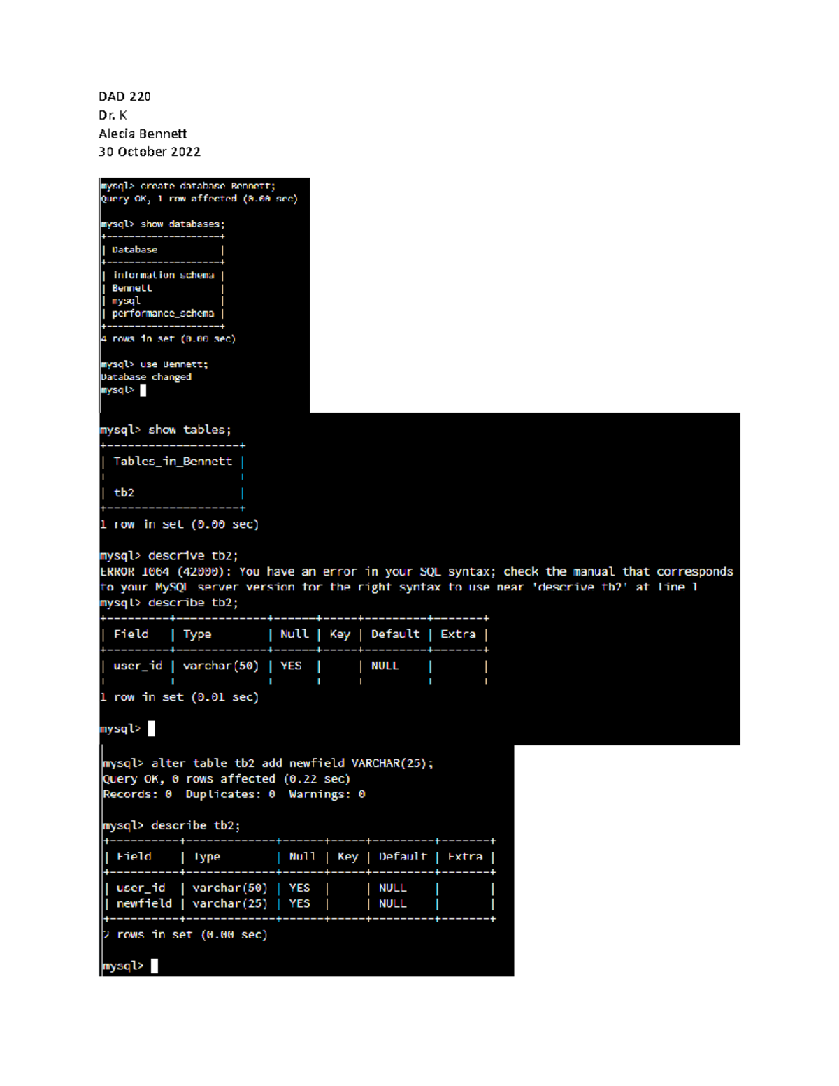 Codio Mod 1 - Bennett - DAD-220 - DAD 220 Dr. K Alecia Bennet 30 October 2022 - Studocu