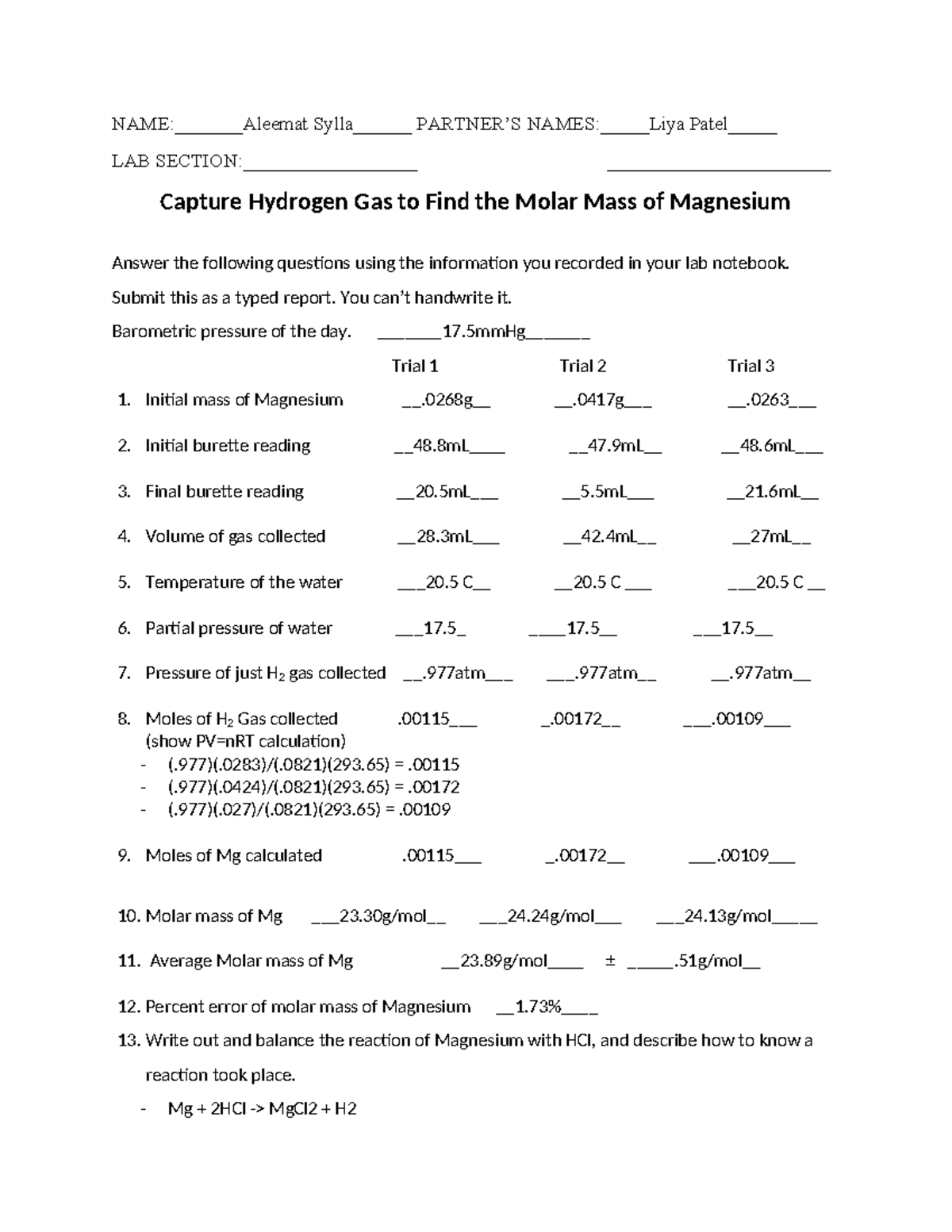 Lab 10, Post lab Questions, Finding the molecular weight of Magnesium ...
