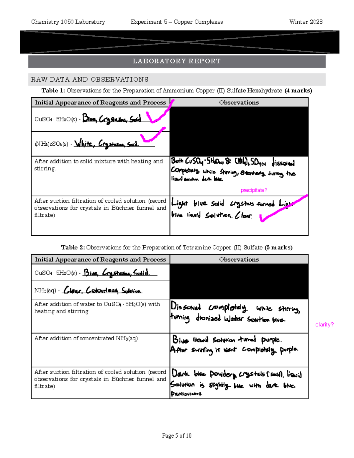 1050lab report 5 - LABORATORY REPORT RAW DATA AND OBSERVATIONS Table 1 ...