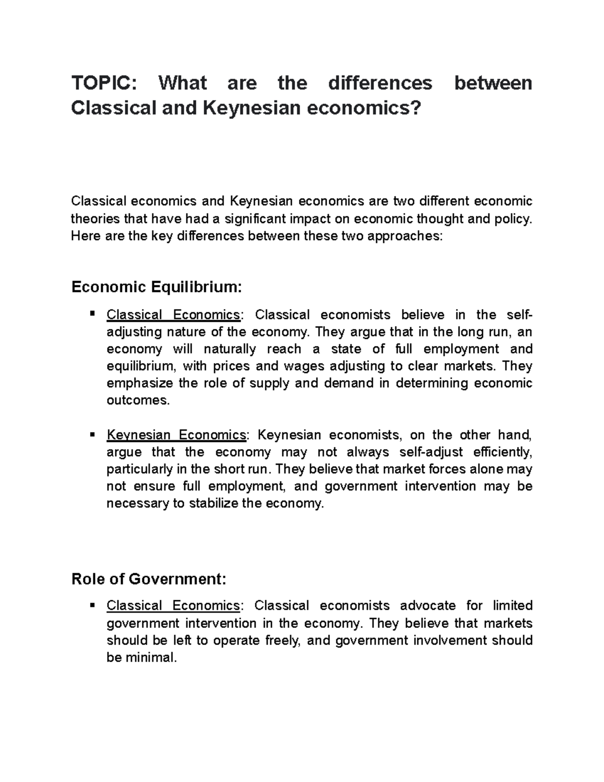 Classical and keynesian economis - TOPIC: What are the differences ...
