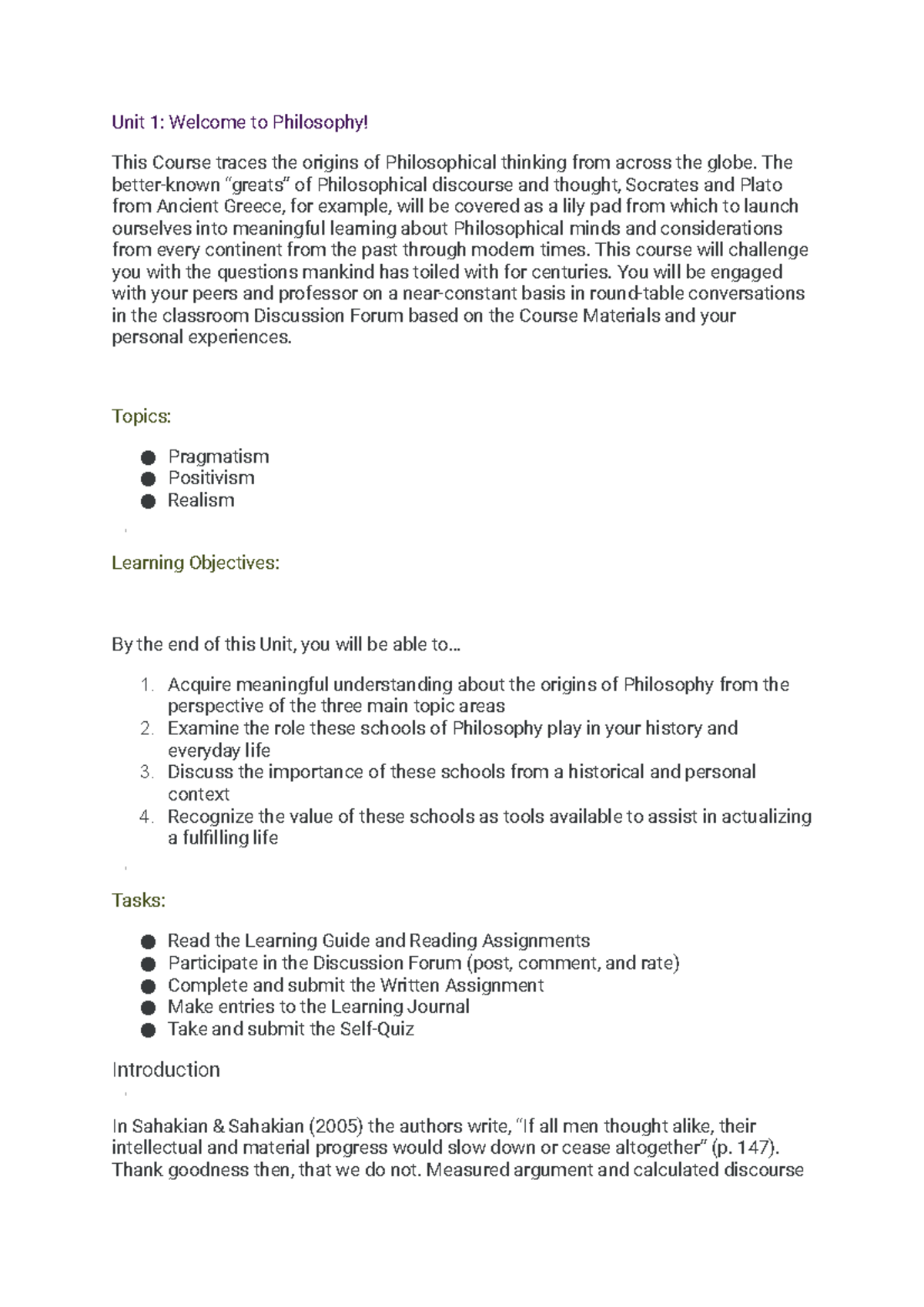 Unit 1 Welcome to Philosophy - Unit 1: Welcome to Philosophy! This ...