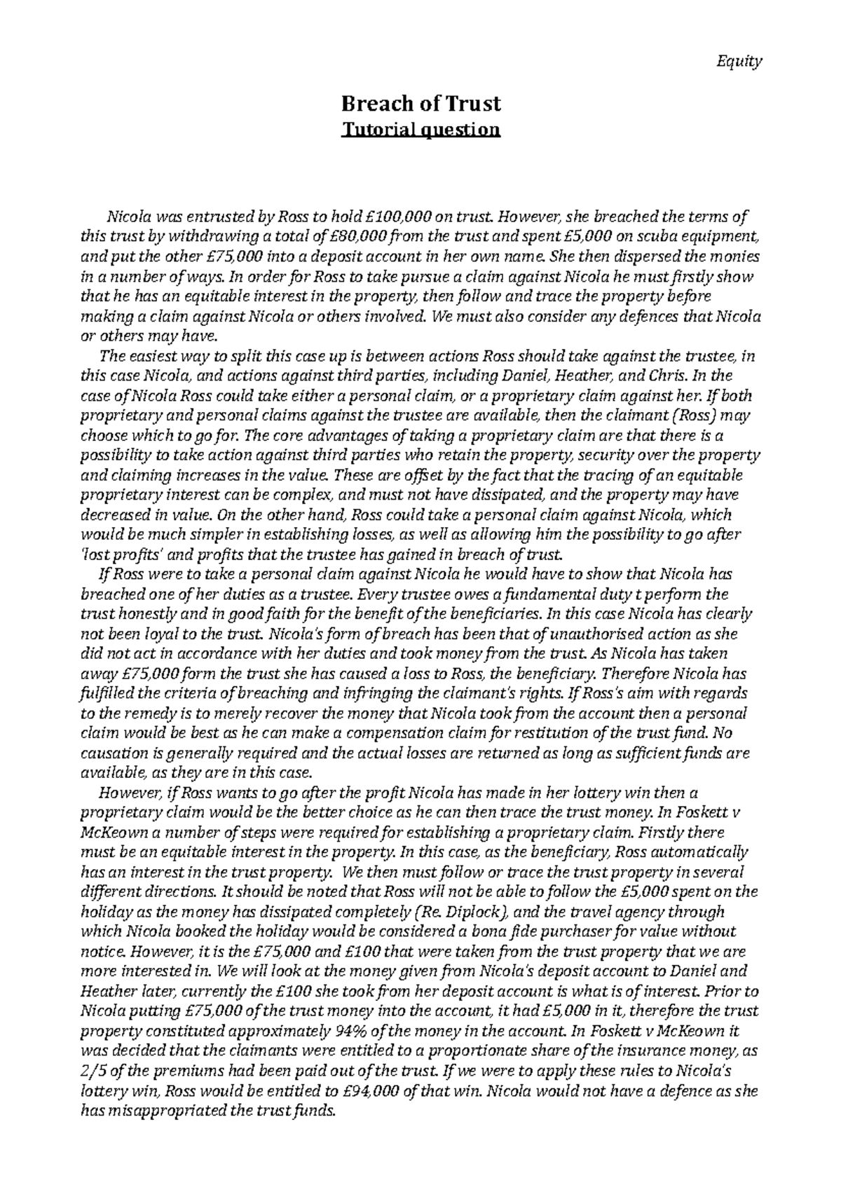 Breach Of Trust Tutorial Question Equity Breach Of Trust Tutorial