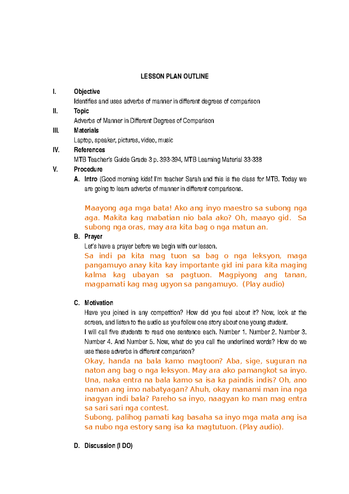 Lesson PLAN Outline - This will serve as guide during the reporting and ...