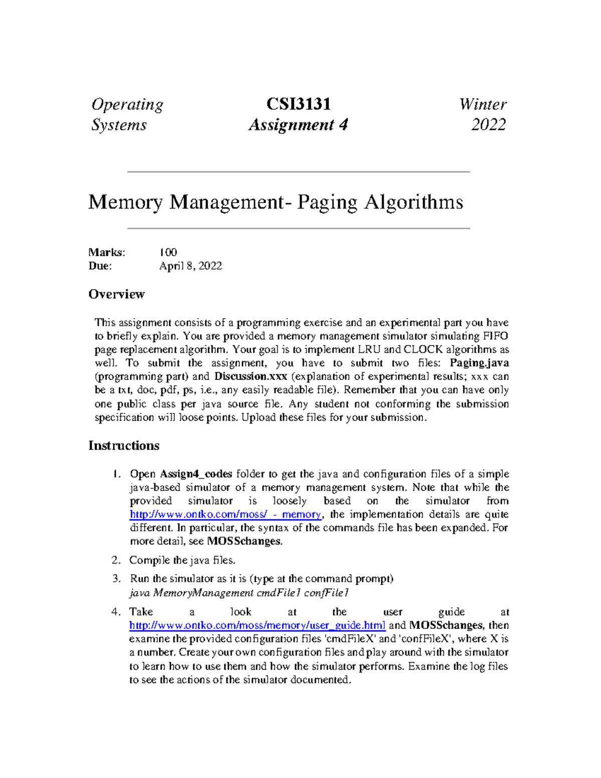 Csi3131 Assign 4 Operating Systems Csi Assignment 4 Winter 2022 Memory Management Paging