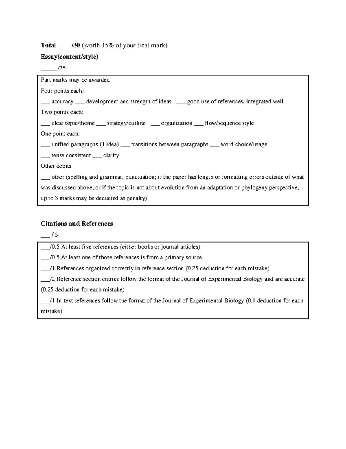 Writing assignment rubric 2024 - Total ____/30 (worth 15% of your final ...