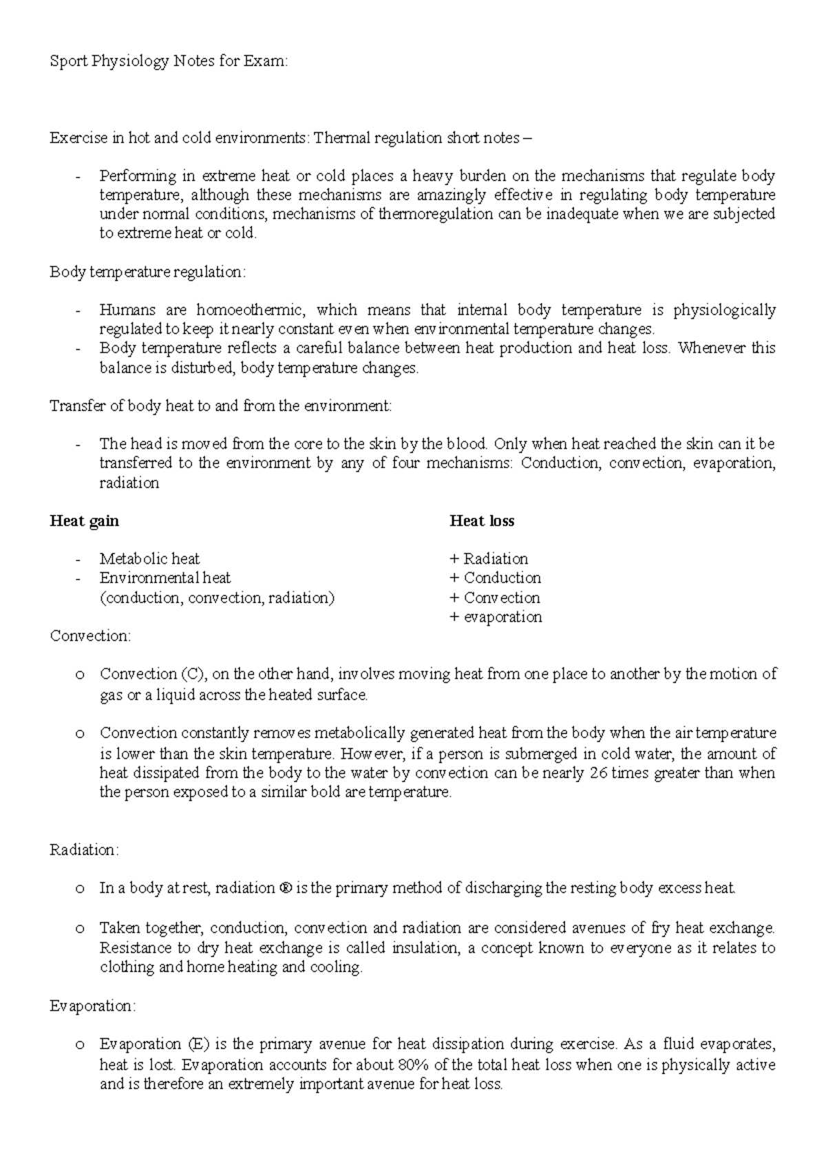 Sport Physiology Notes for Exam - Body temperature regulation: Humans ...