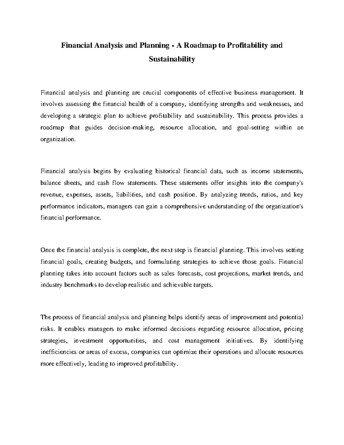 Financial Analysis and Planning - A Roadmap to Profitability and ...