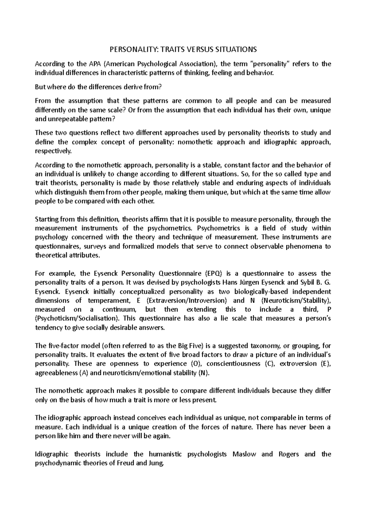 Psychology essay - appunti di lezioni - PERSONALITY: TRAITS VERSUS ...