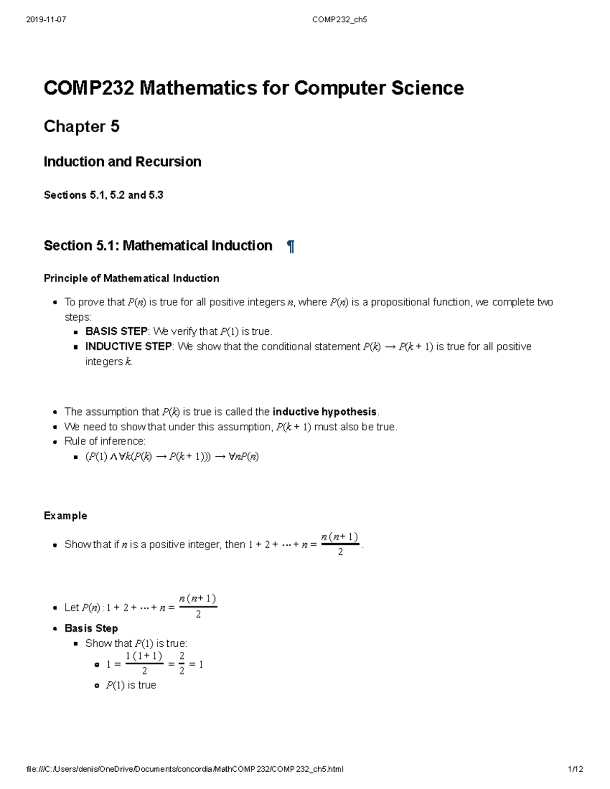 COMP232 chapter 5 part1 - COMP232 Mathematics for Computer Science Chapter 5 Induction and ...