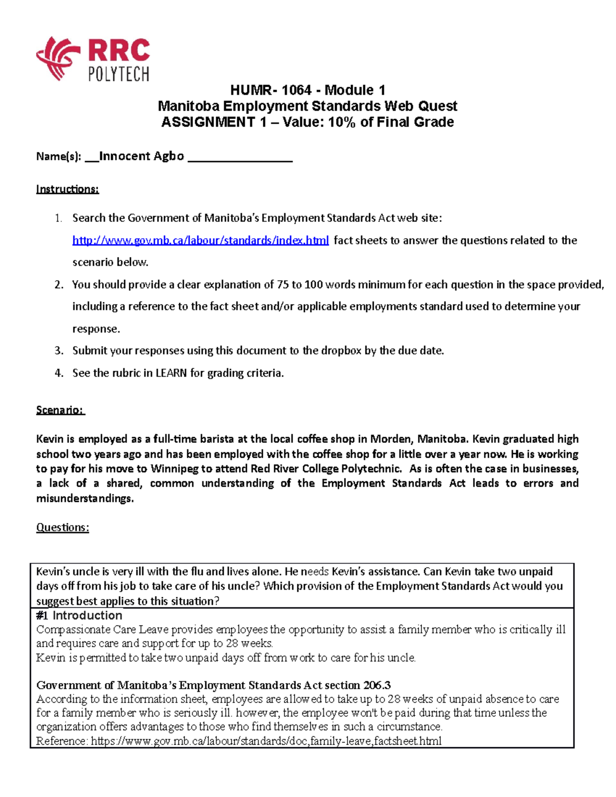 2022-HUMR-1064 Assignment 1 - HUMR- 1064 - Module 1 Manitoba Employment ...