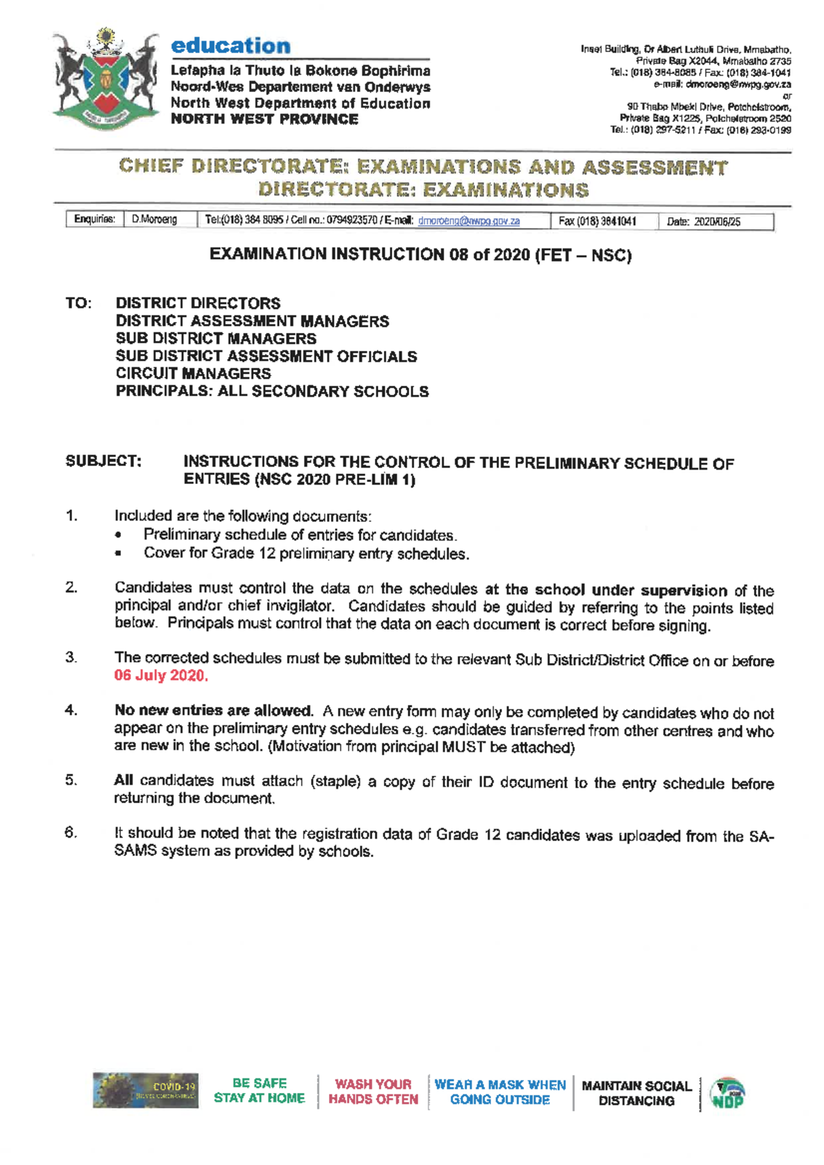 Examination Instruction 8 of 2020 Prelim of NSC examinations ...
