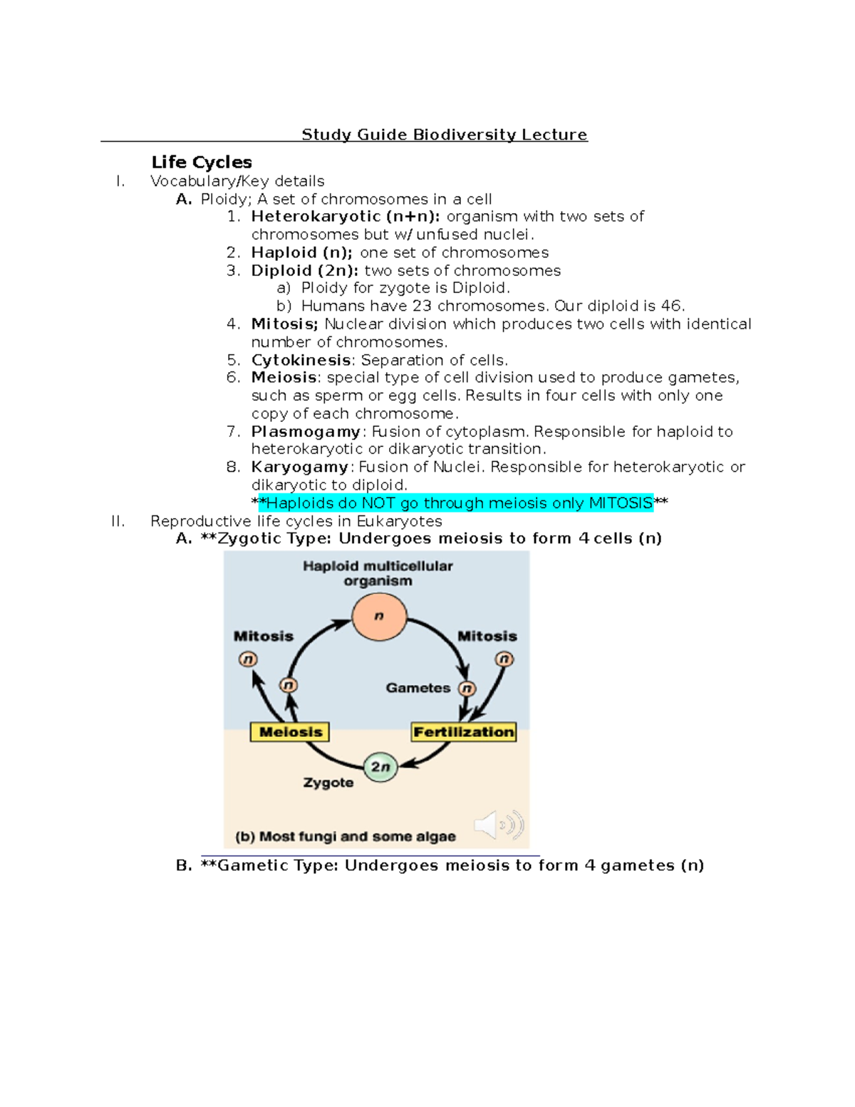 Study Guide Biodiversity Lecture - Vocabulary/Key details A. Ploidy; A ...
