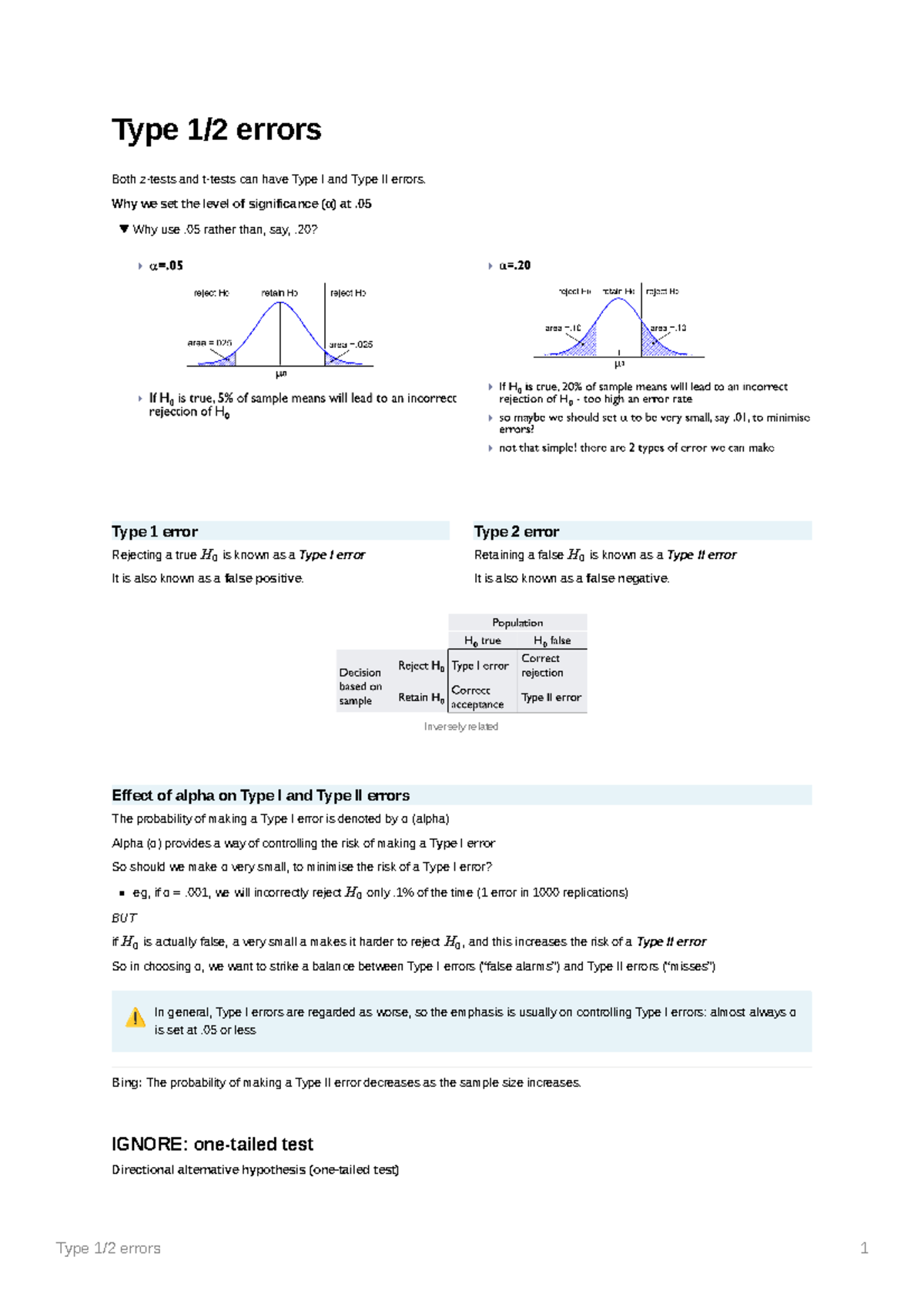 Type 1:2 errors - Type 1/2 errors 1 Type 1/2 errors Both z-tests and t ...