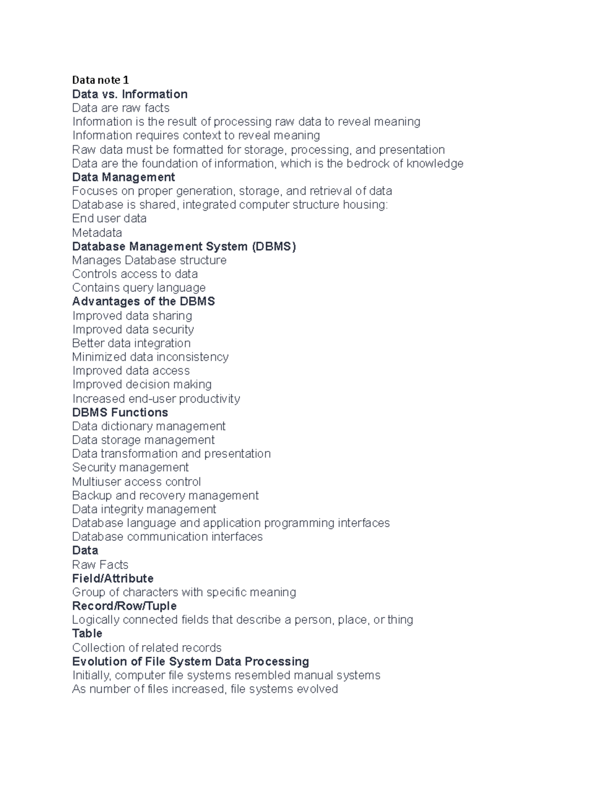 Data note 1 - Database Management note - Data note 1 Data vs ...
