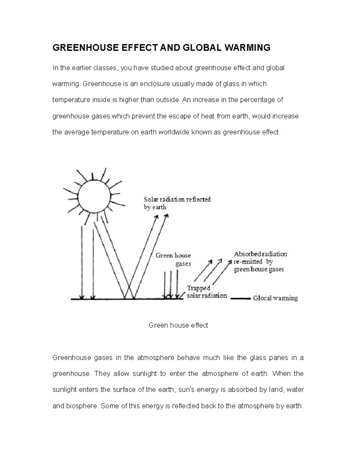 GREENHOUSE EFFECT AND GLOBAL WARMING - Greenhouse is an enclosure ...