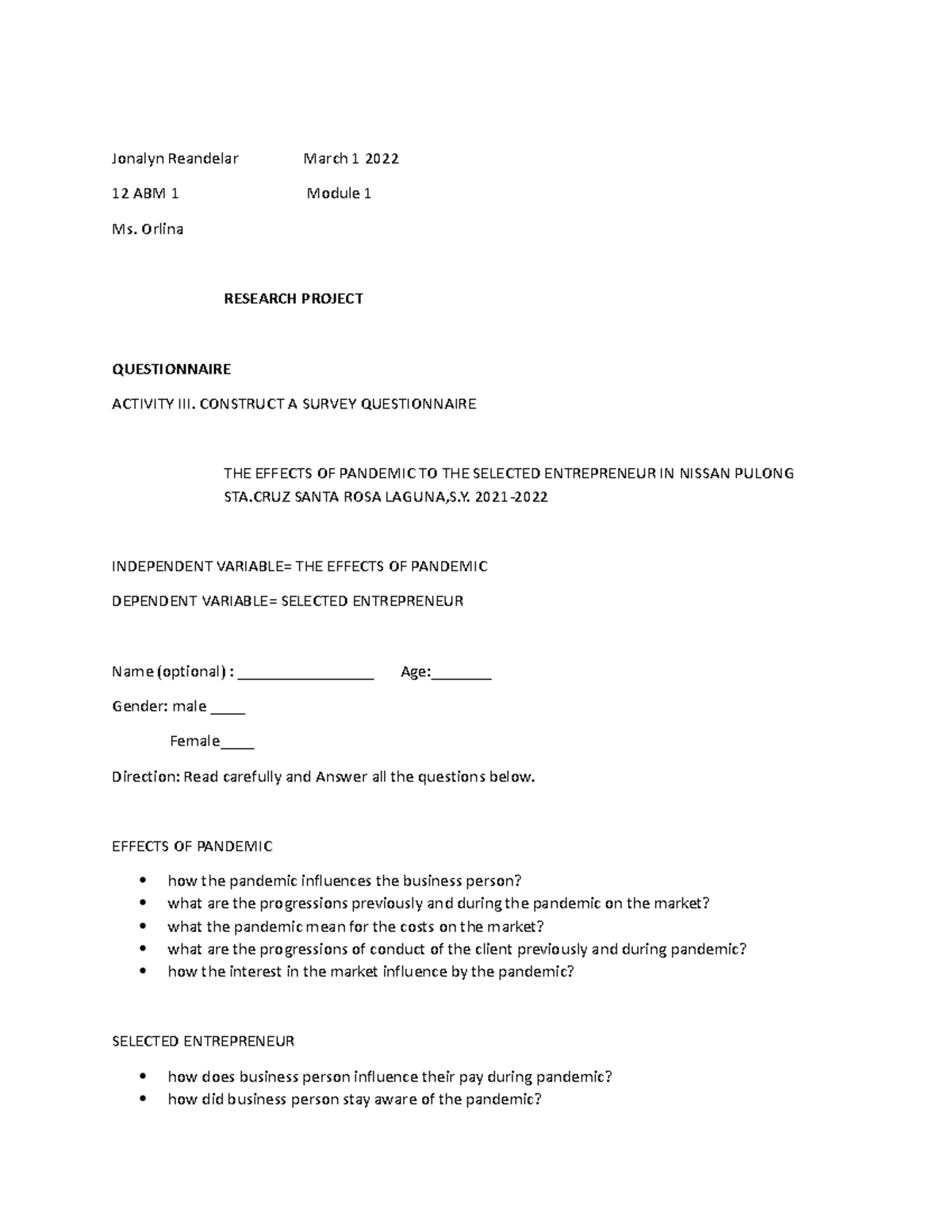 Survey Questionnaire - Jonalyn Reandelar March 1 2022 12 ABM 1Ms ...