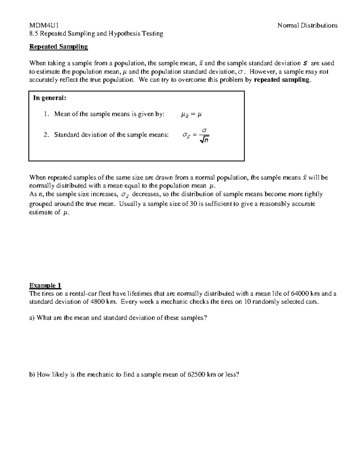 8.5 Repeated Sampling & Hypothesis Testing - MDM4U1 Normal ...