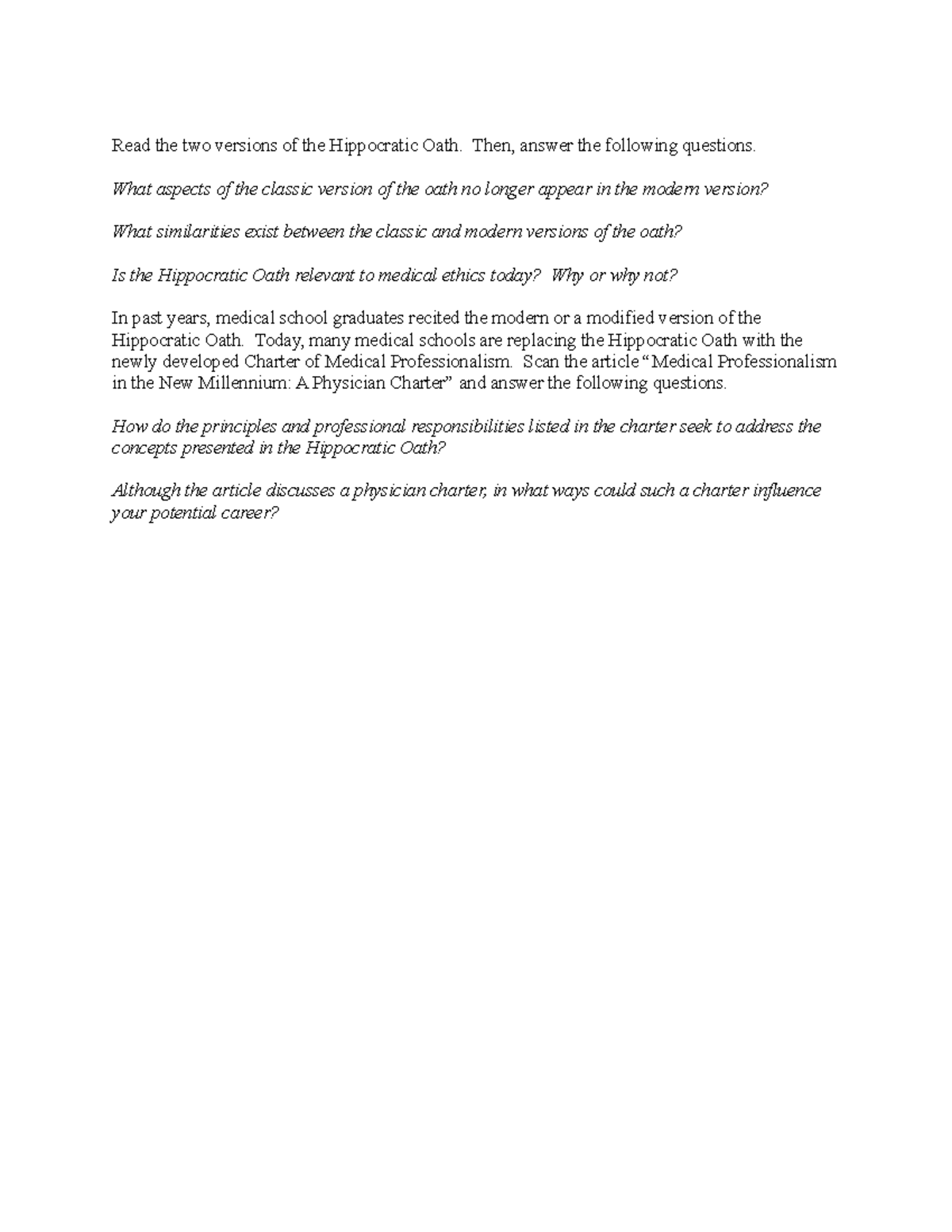 Ethics Tutorial 2 Worksheet - Read the two versions of the Hippocratic ...