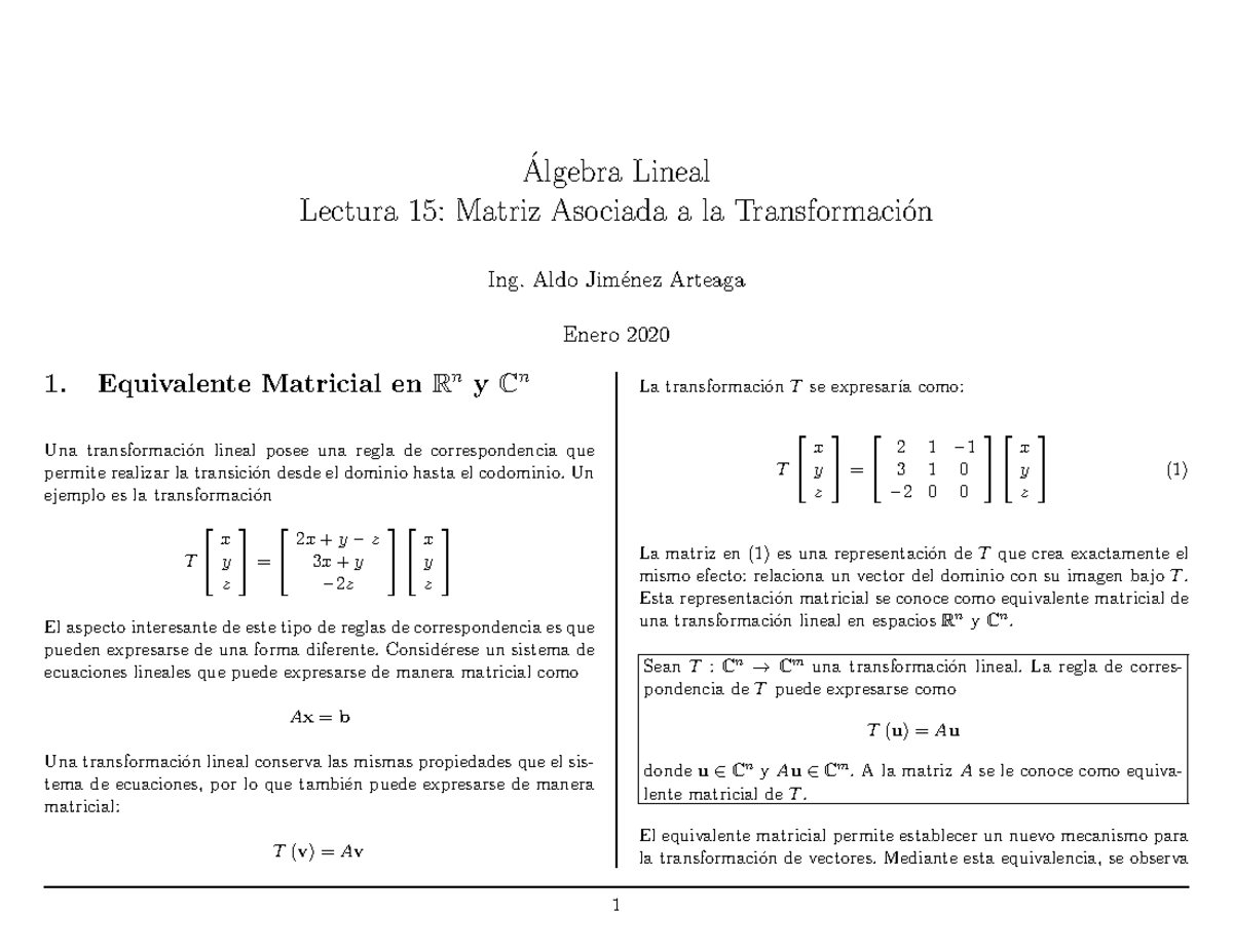 AL-lectura 15 - Matriz Asociada a la Transformación - Algebra Lineal ́ ...