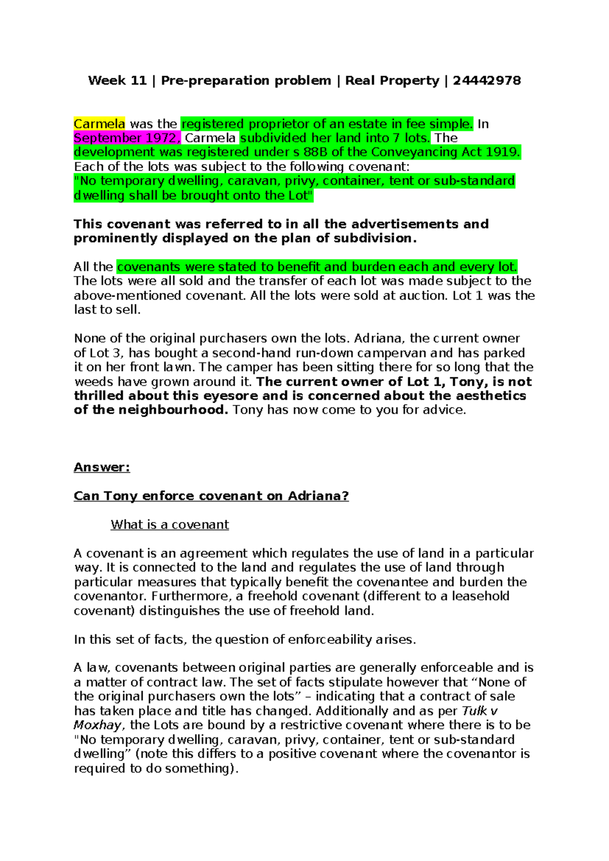 Week 11 Pre-preparation problem Real Property 24442978 - Week 11 | Pre ...