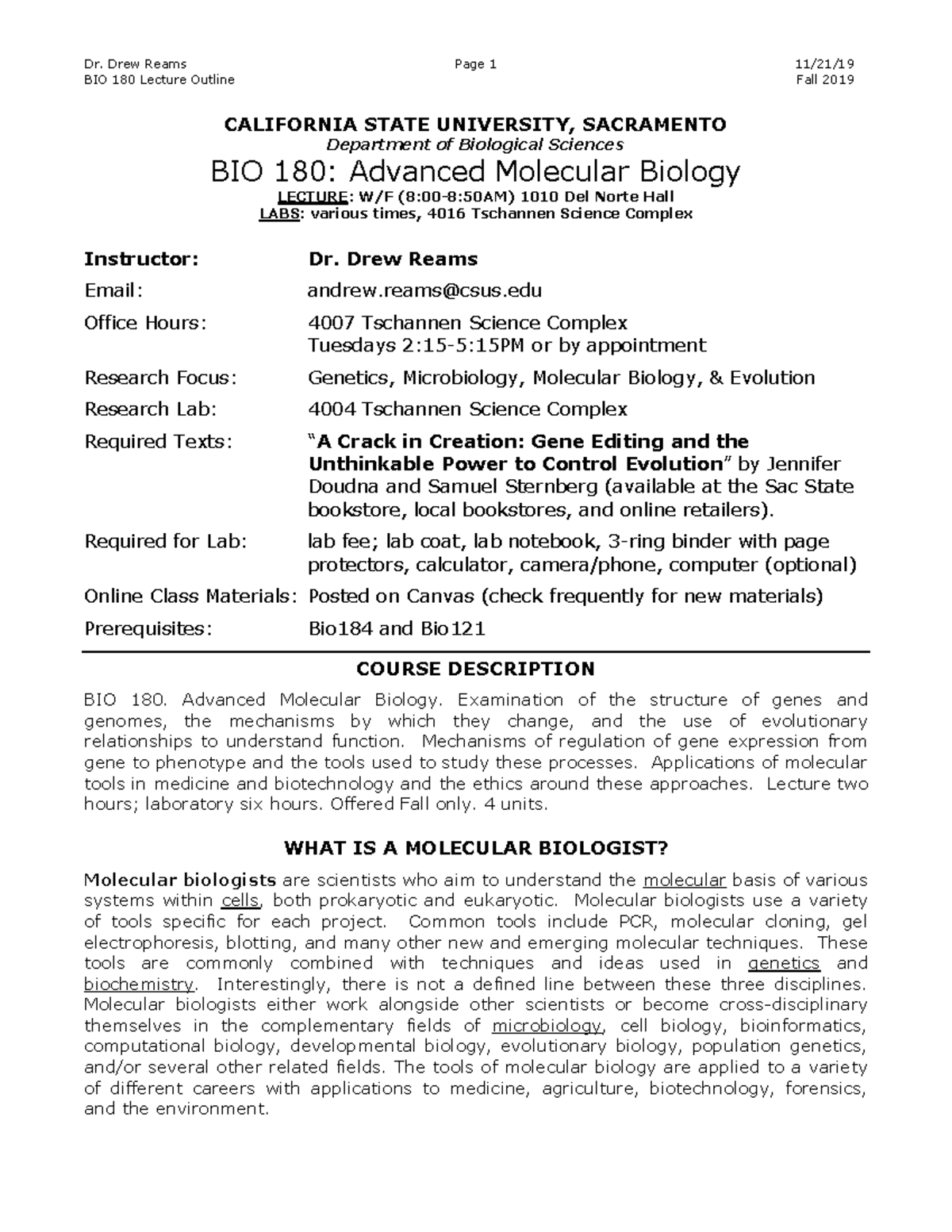 Reams BIO 180 Lecture Syllabus - Fall 2019 - BIO 180 Lecture Outline ...