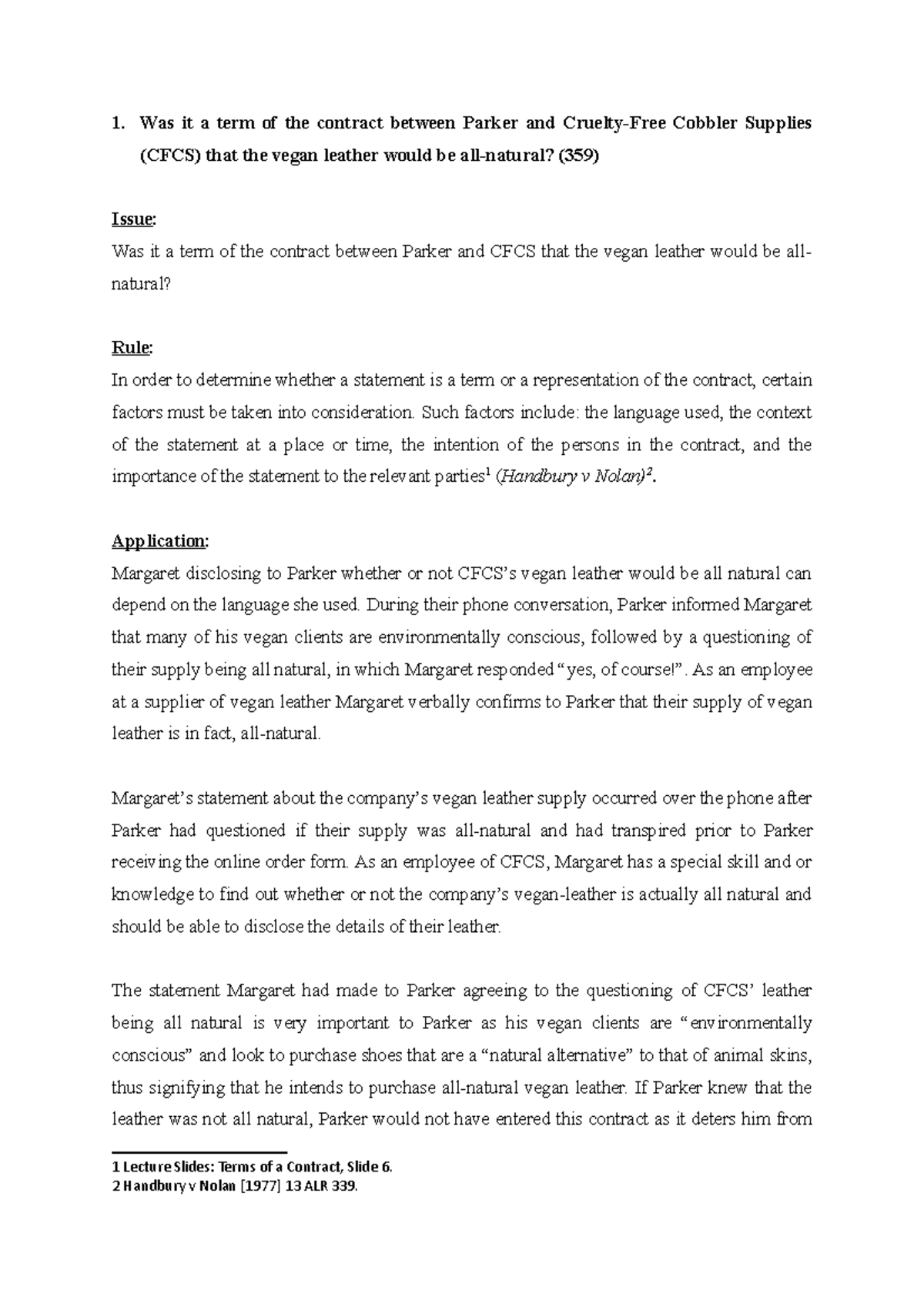 Common Law Assignment - 1. Was it a term of the contract between Parker ...