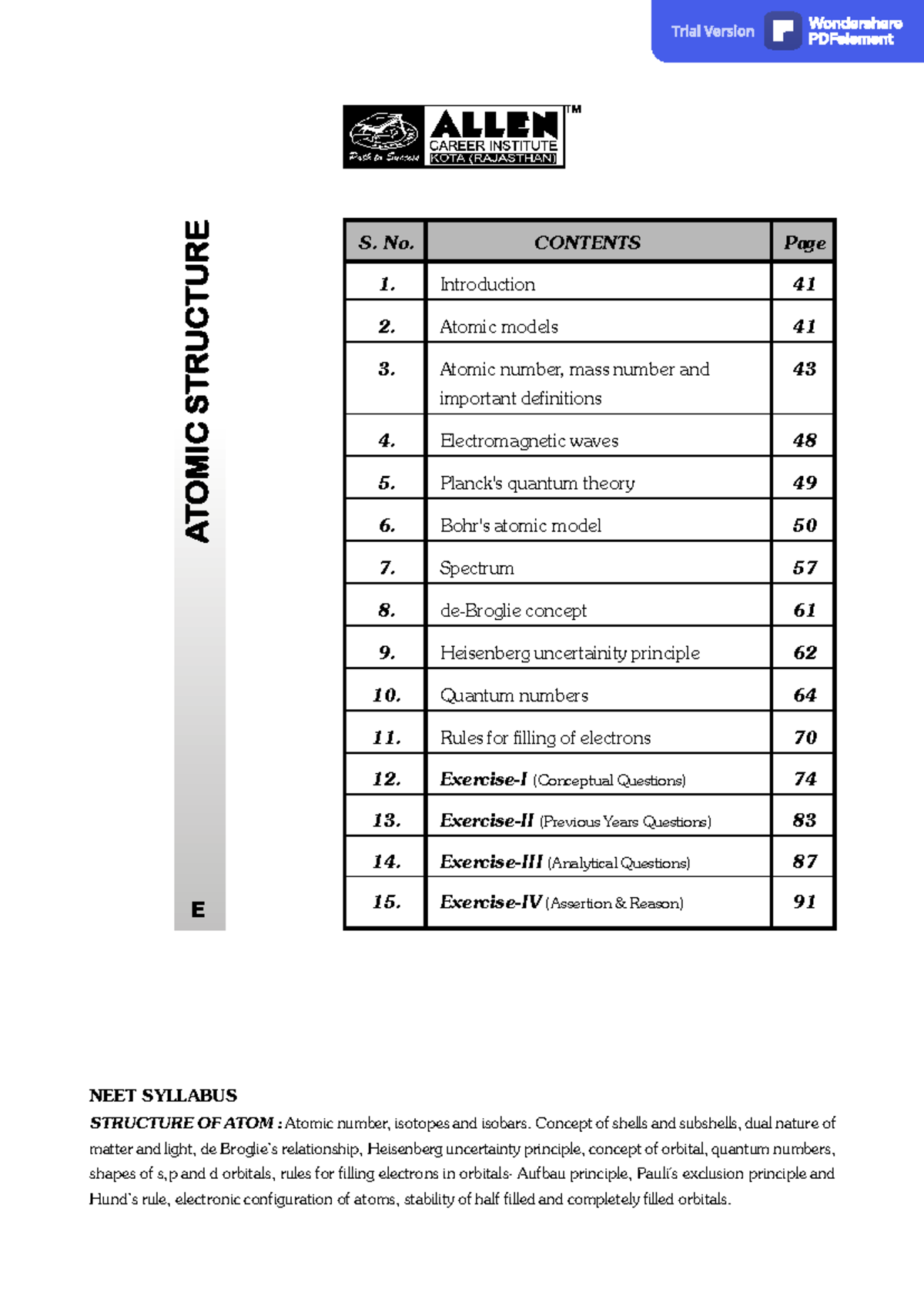 Atomic structure - good practice material of allen - S. No. CONTENTS ...