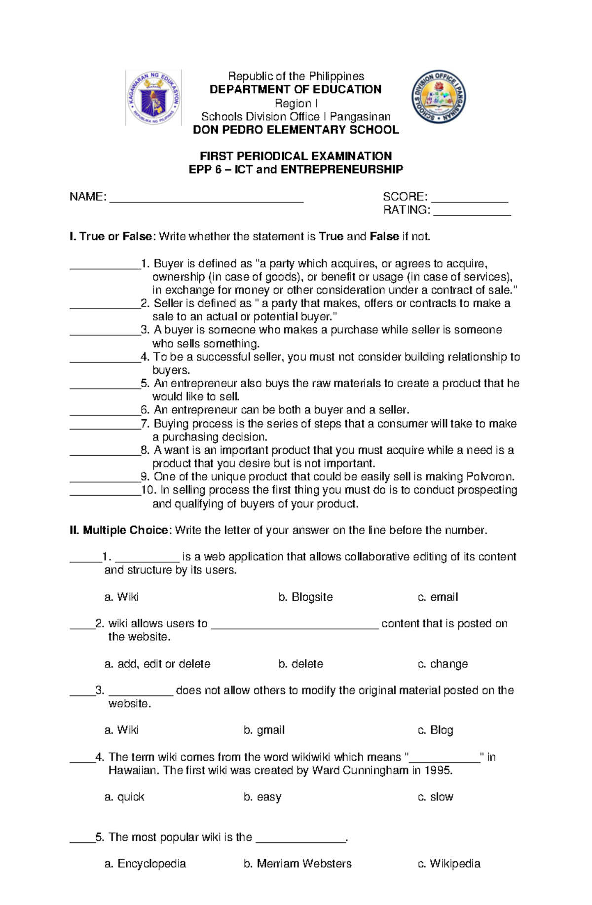 First Quarter Exam Mock Examination For Grade 9 English Department Epp