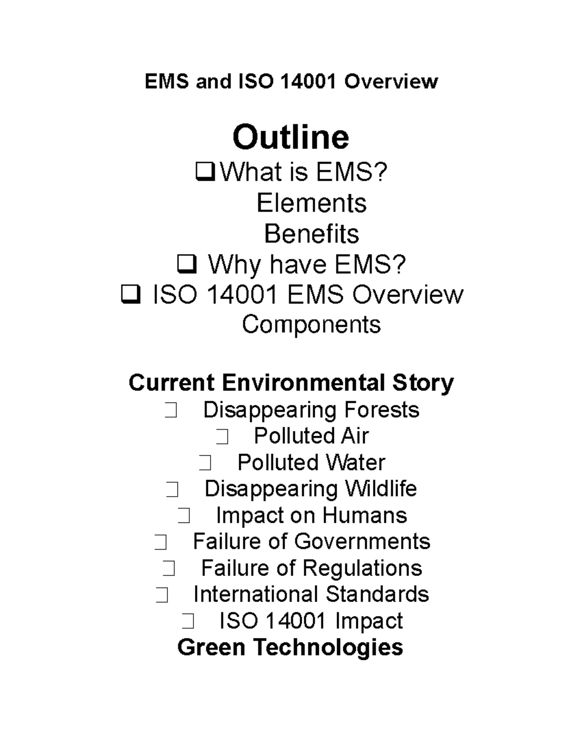 EMS and ISO 14001 Overview - EMS and ISO 14001 Overview Outline What is ...