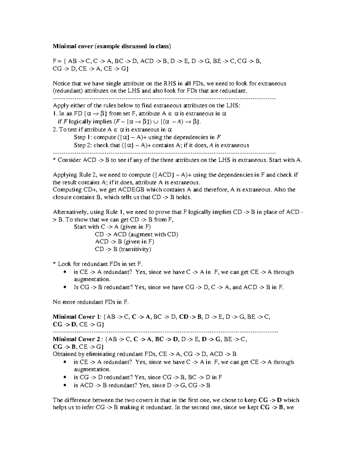 Minimal-cover-example - Minimal cover (example discussed in class) F ...