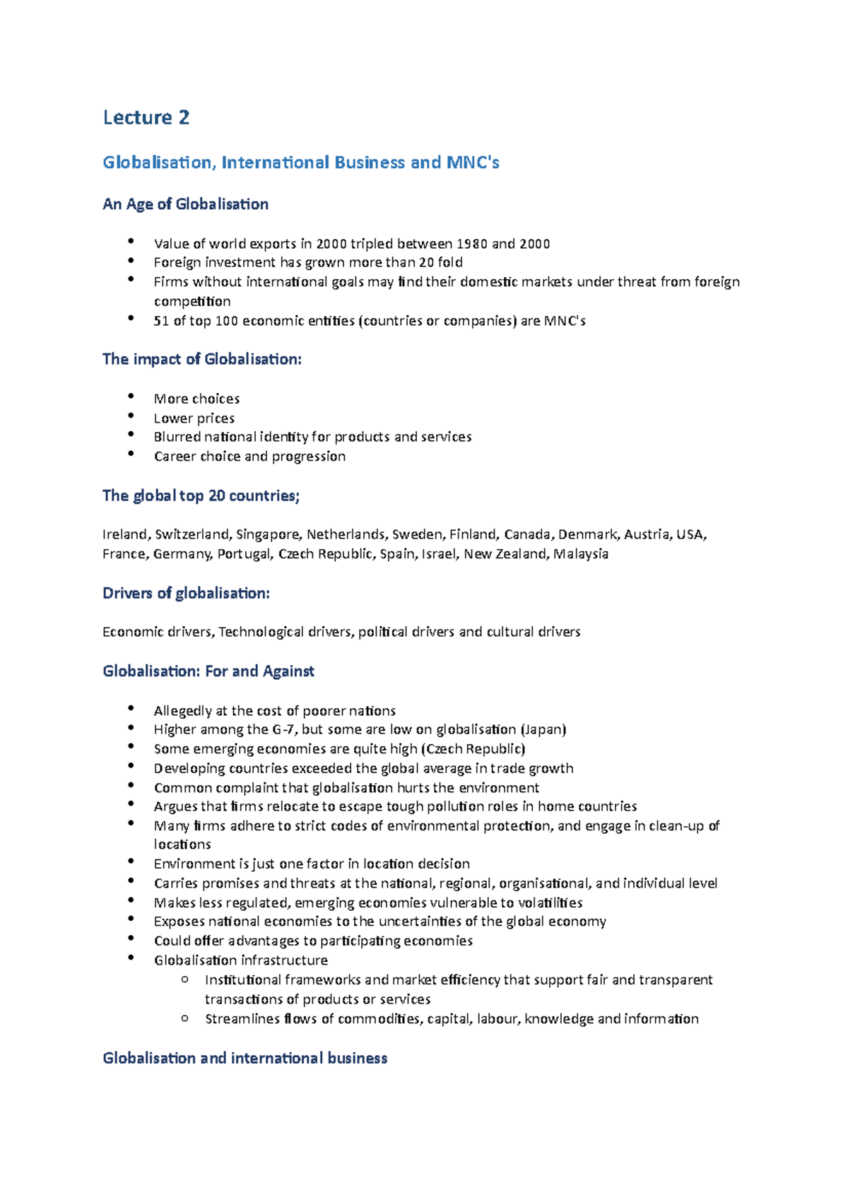 IBS - Lecture notes weeks 1-10 - Lecture 2 Globalisa琀椀on, Interna琀椀onal ...