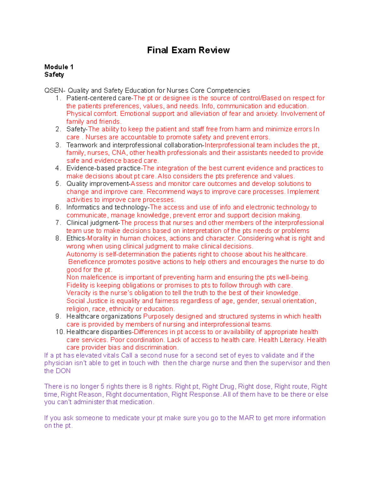 PN1 Final Exam review - Final Exam Review Module 1 Safety QSEN- Quality ...