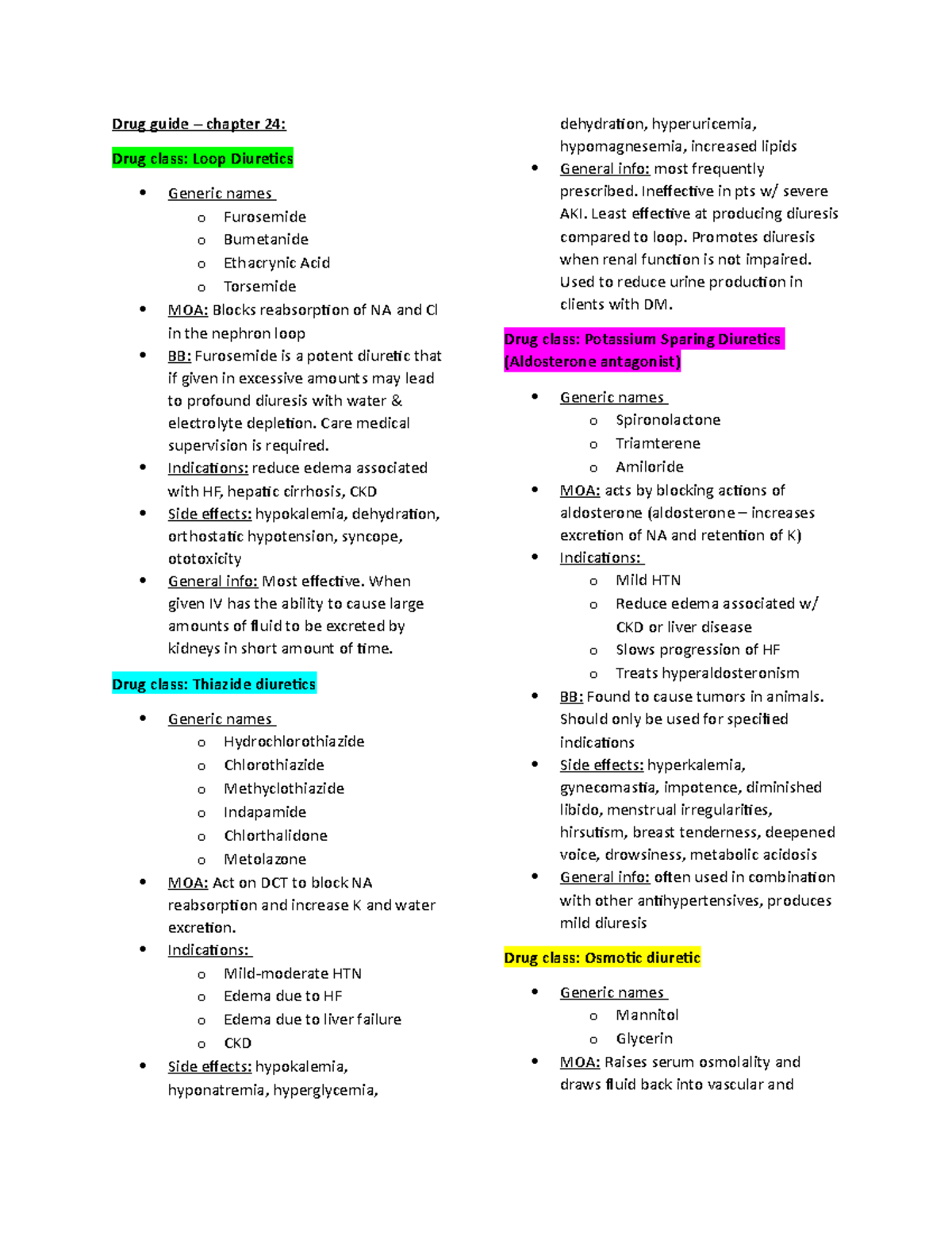 Drug guide Renal - Drug guide – chapter 24: Drug class: Loop Diuretics ...